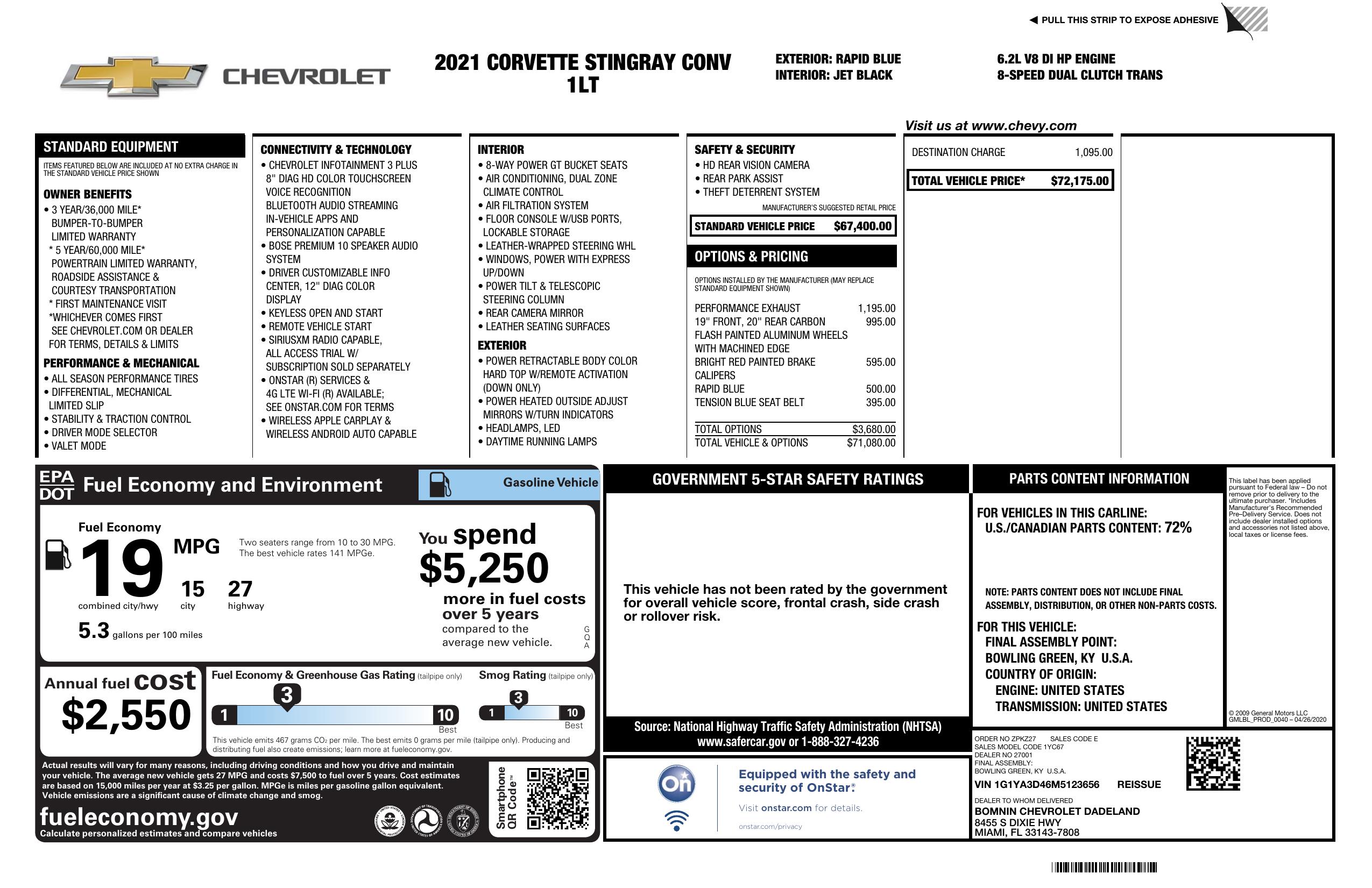 Window Sticker for 2021 Chevrolet Corvette 2dr Stingray Conv W/1 Lt