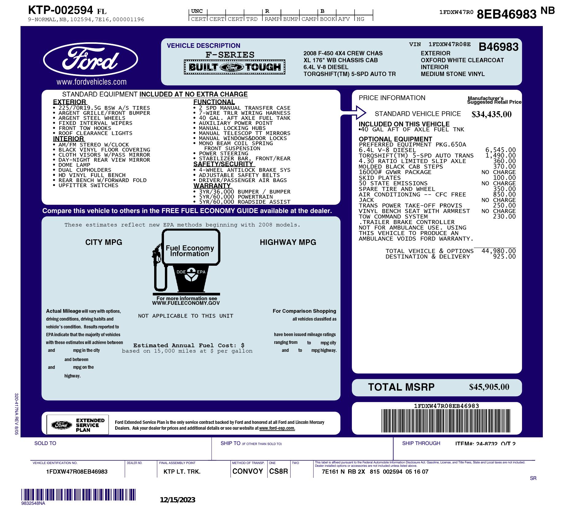 Window Sticker for 2008 Ford Super Duty F 450 Drw 4 Wd Crew Cab Wb Ca