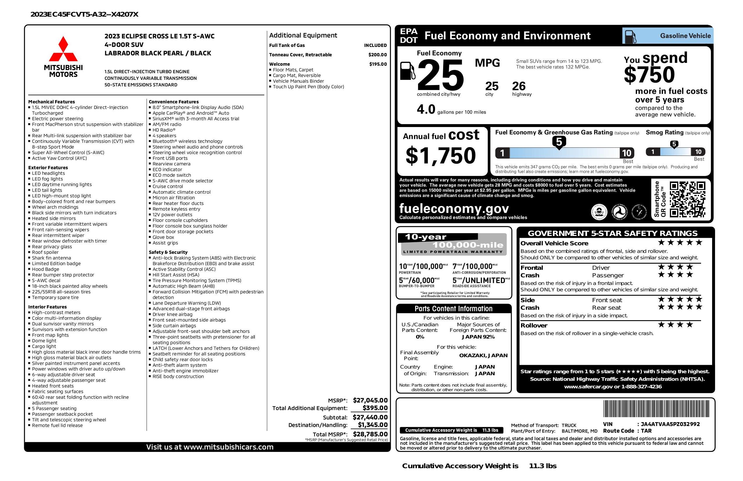 Window Sticker for 2023 Mitsubishi Eclipse Cross S Awc