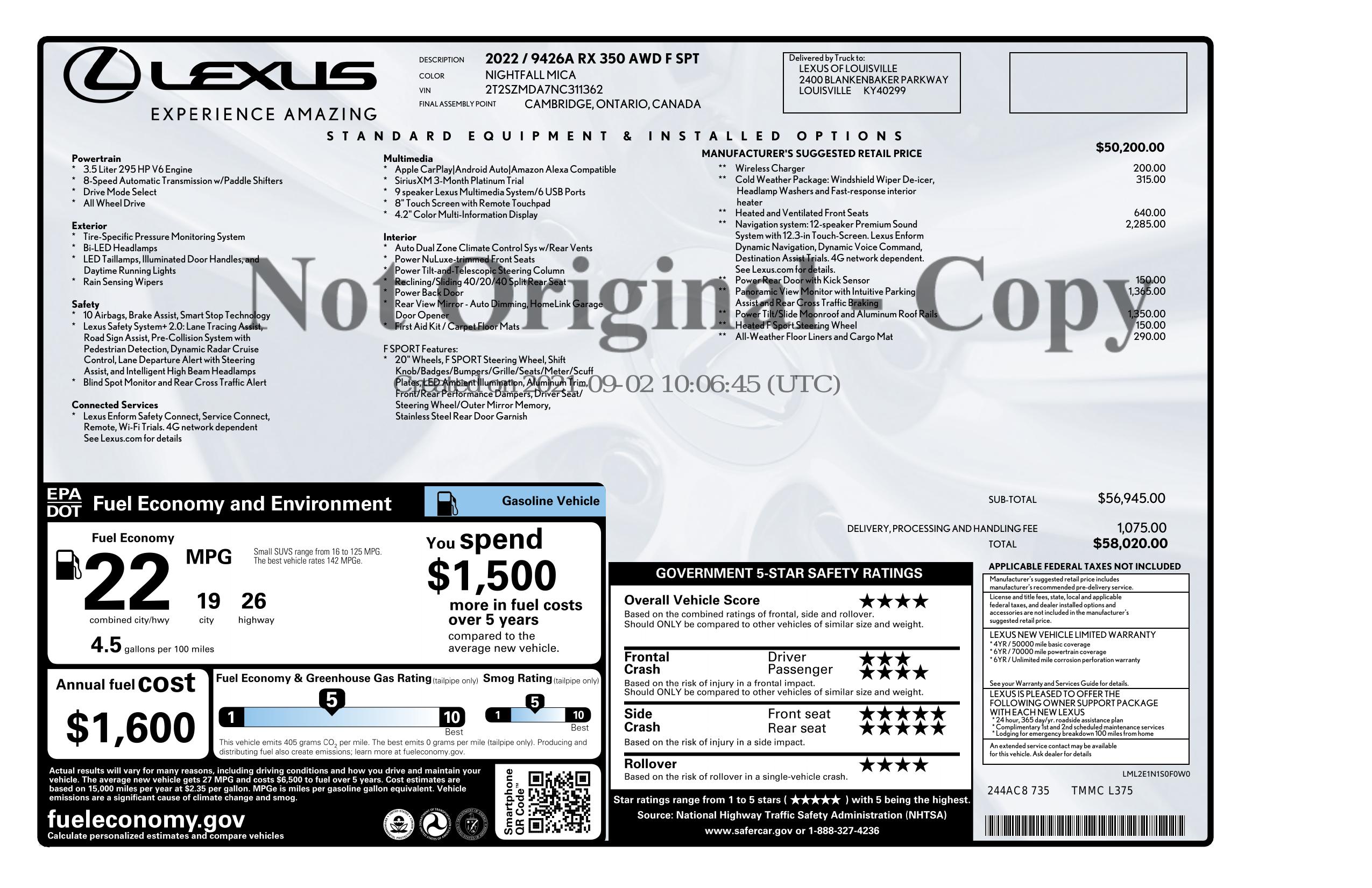 Window Sticker for 2022 Lexus Rx Rx 350 F Sport Appearance Awd