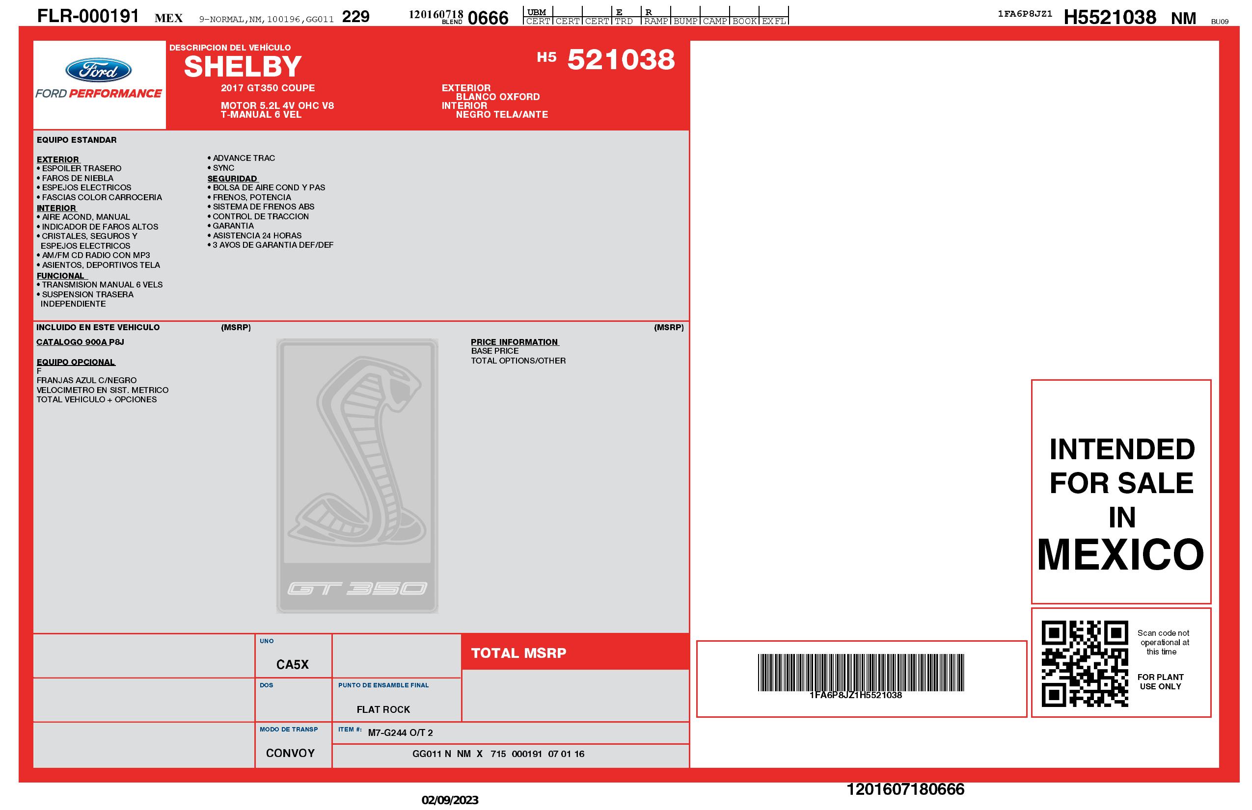 Window Sticker for 2017 Ford Mustang Shelby Gt350 Fastback