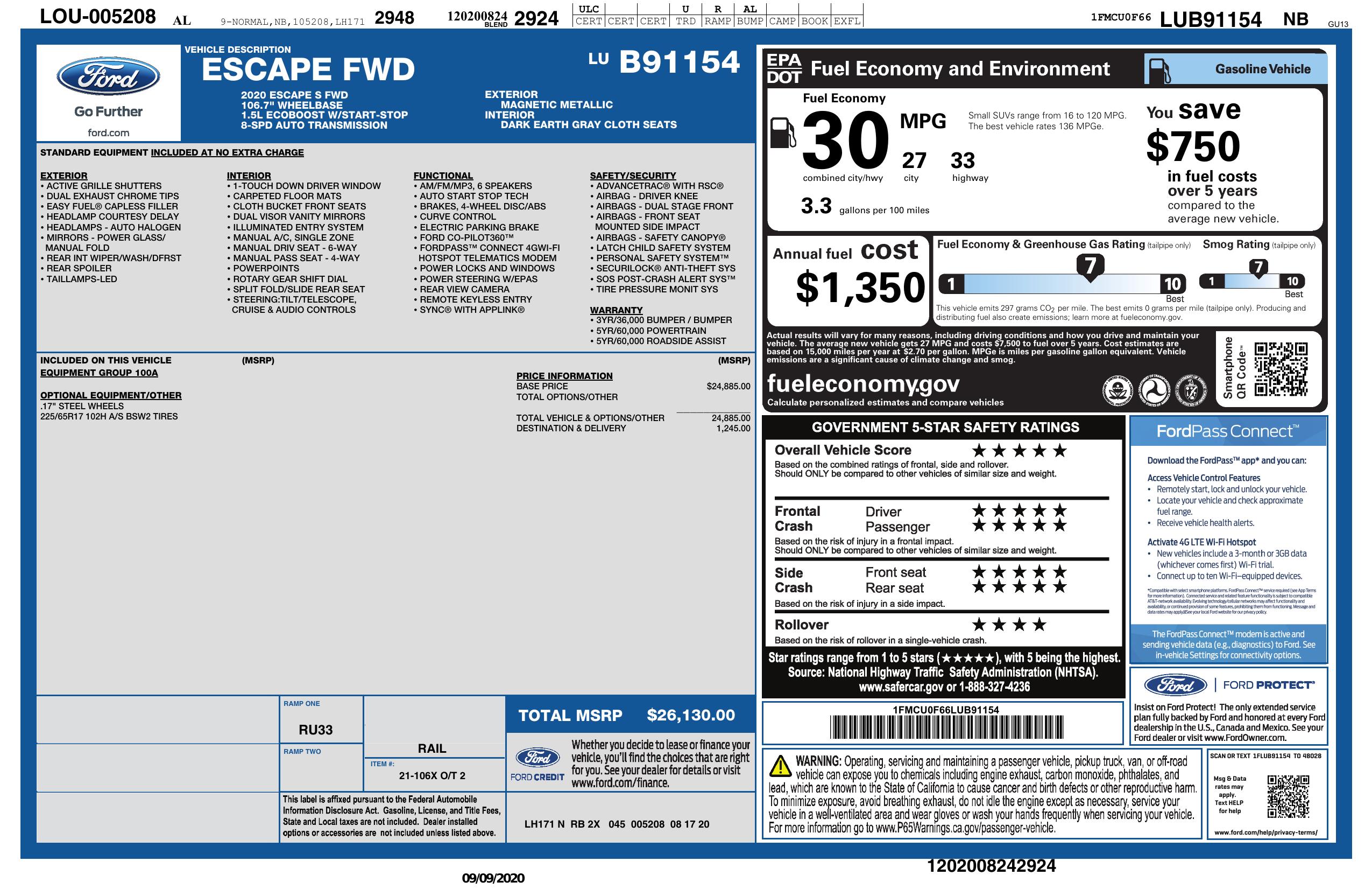Window Sticker for 2020 Ford Escape S Fwd