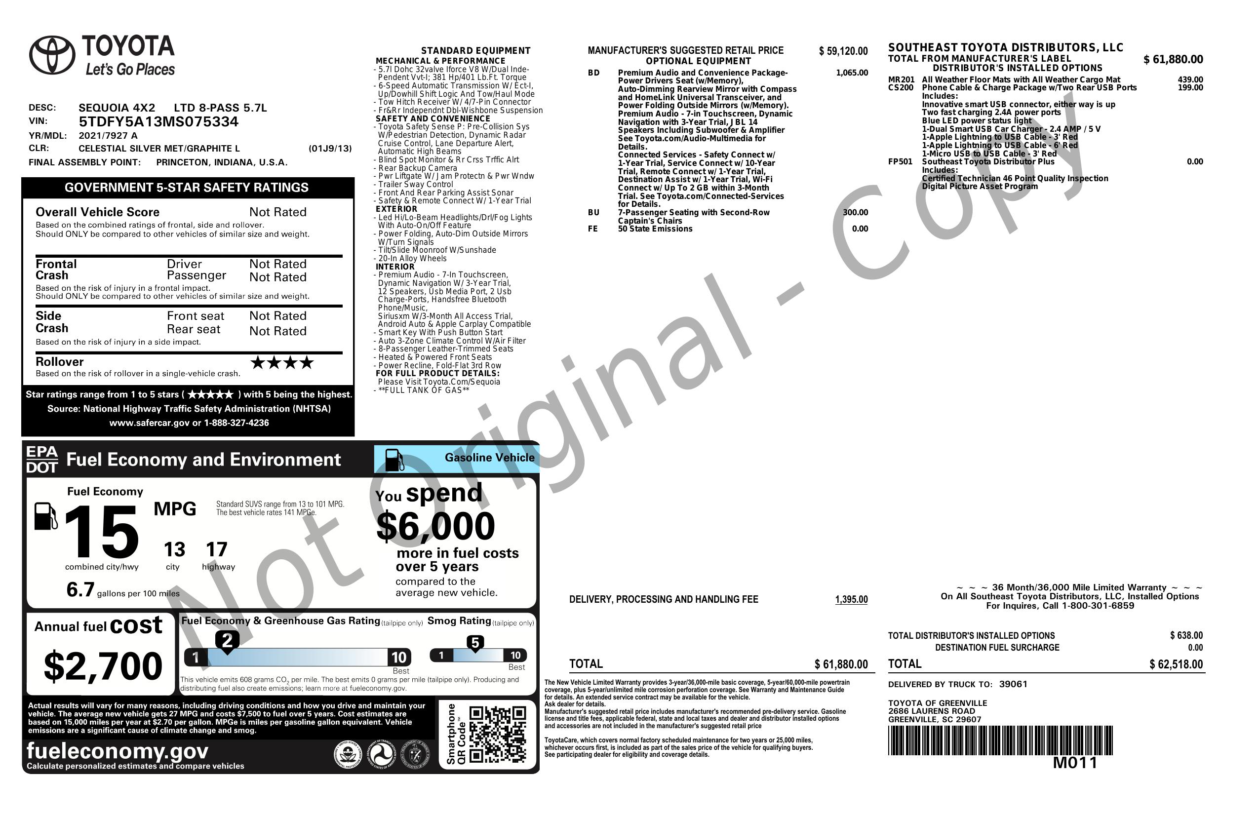Window Sticker for 2021 Toyota Sequoia Limited Rwd (Natl)