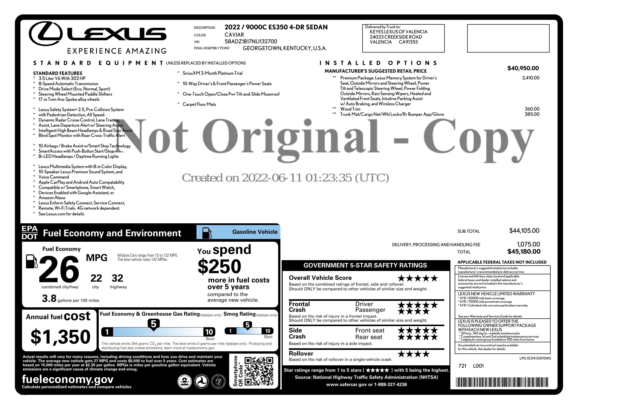 Window Sticker for 2022 Lexus Es Es 350 Fwd