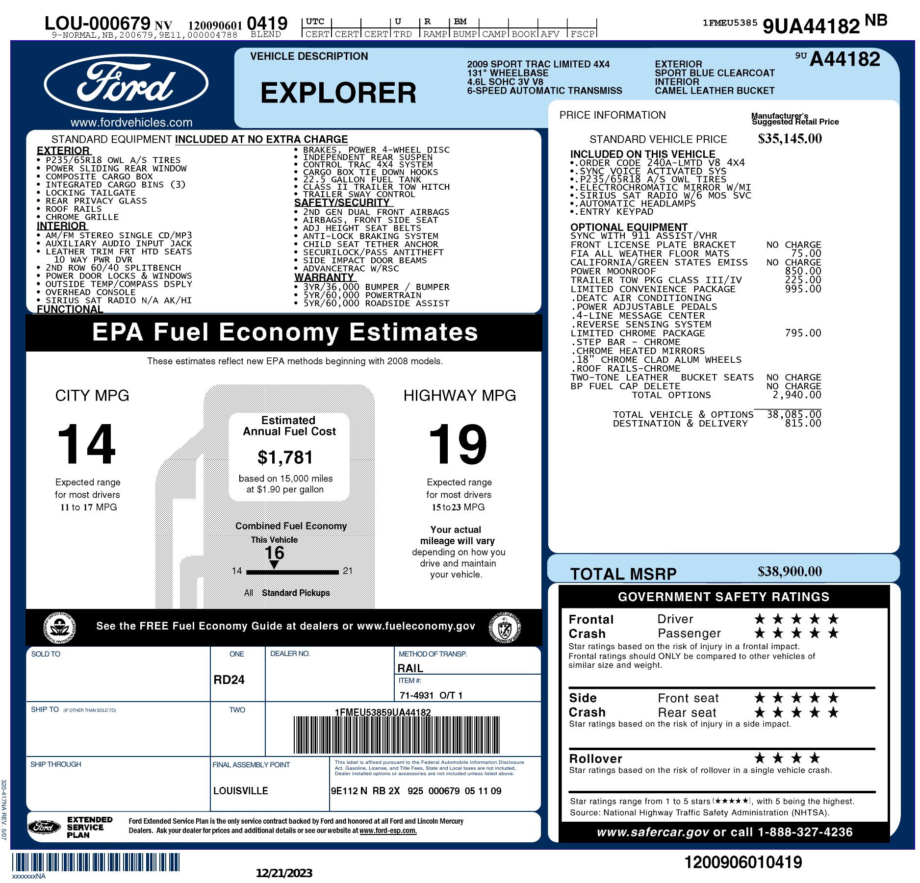 Window Sticker for 2009 Ford Explorer Sport Trac 4 Wd 4dr V8 Limited