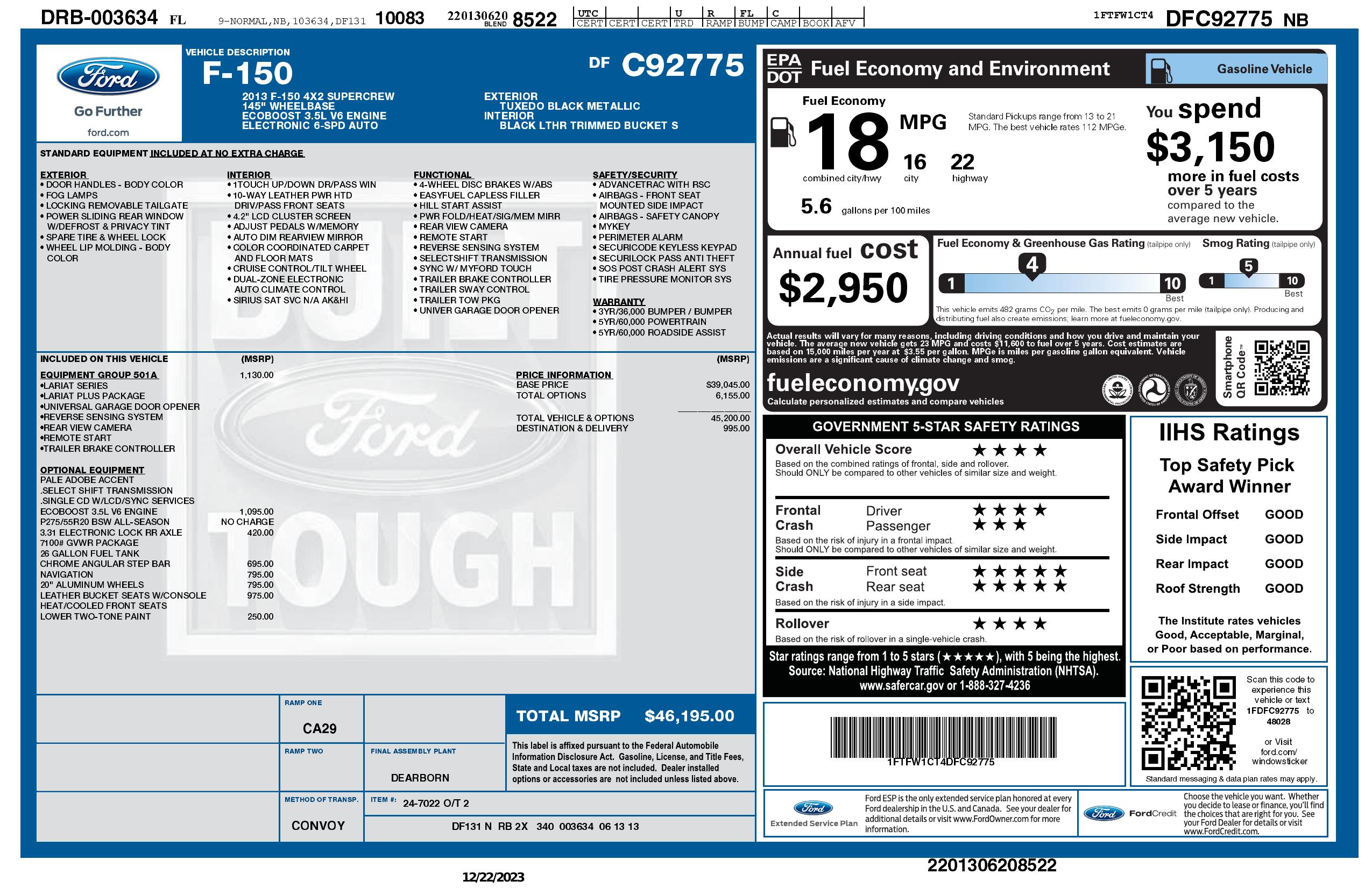 Window Sticker for 2013 Ford F 150 2 Wd Super Crew