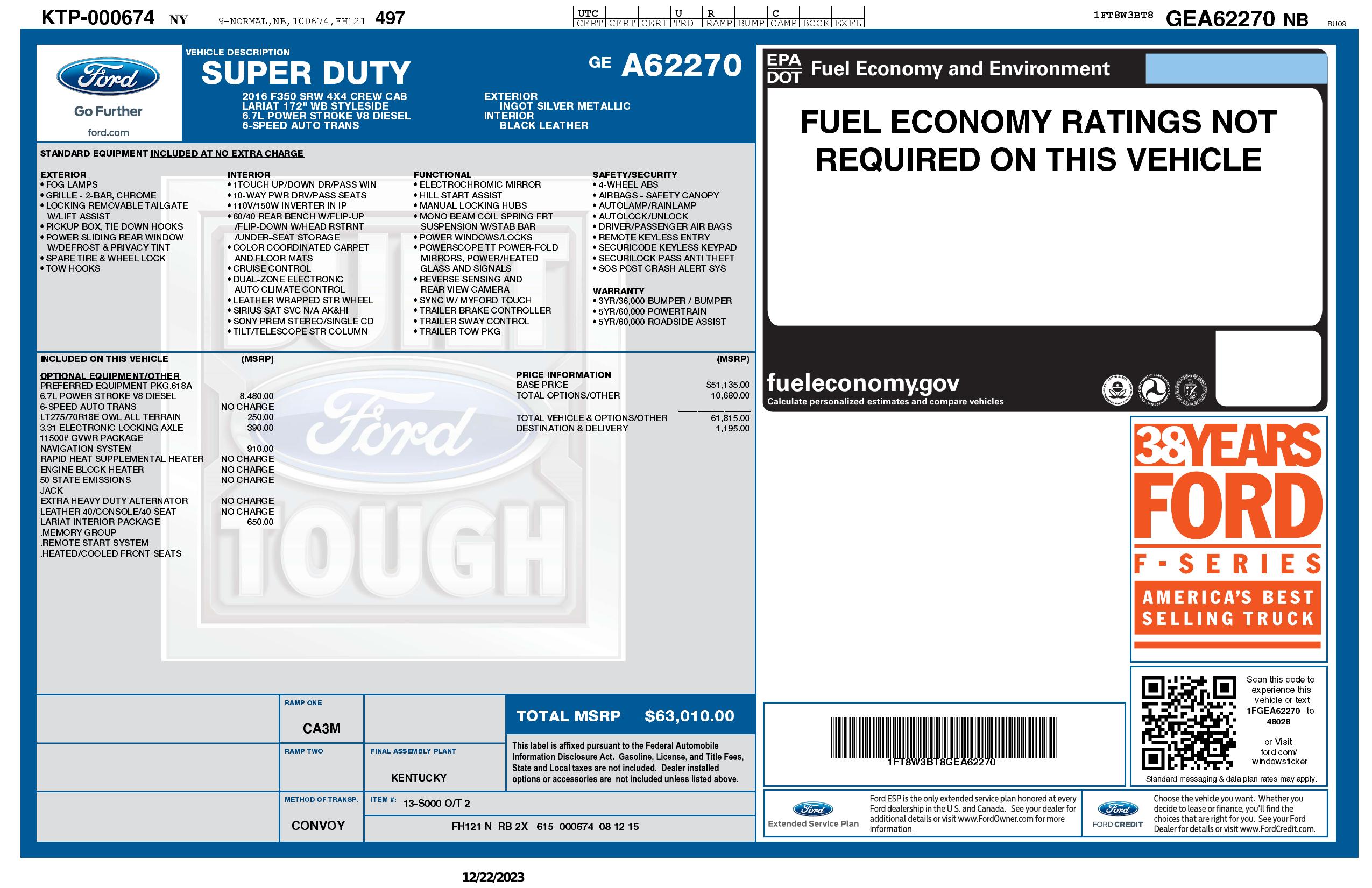 Window Sticker for 2016 Ford Super Duty F 350 Srw Lariat