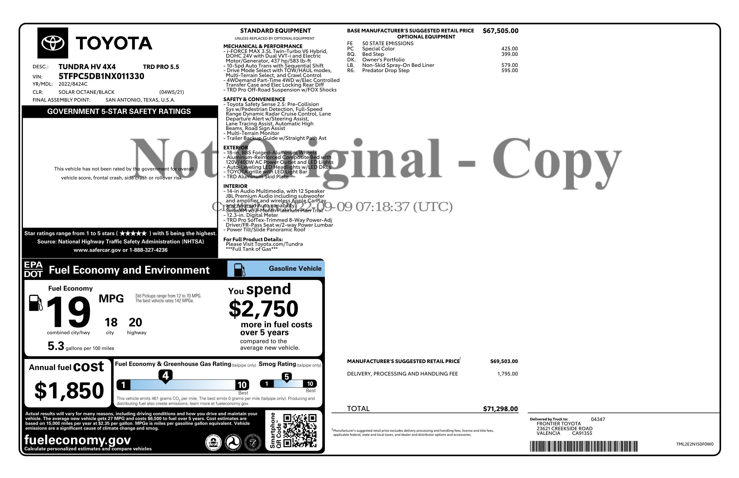 Window Sticker for 2022 Toyota Tundra 4 Wd Trd Pro Hybrid Crew Max 5.5 ...