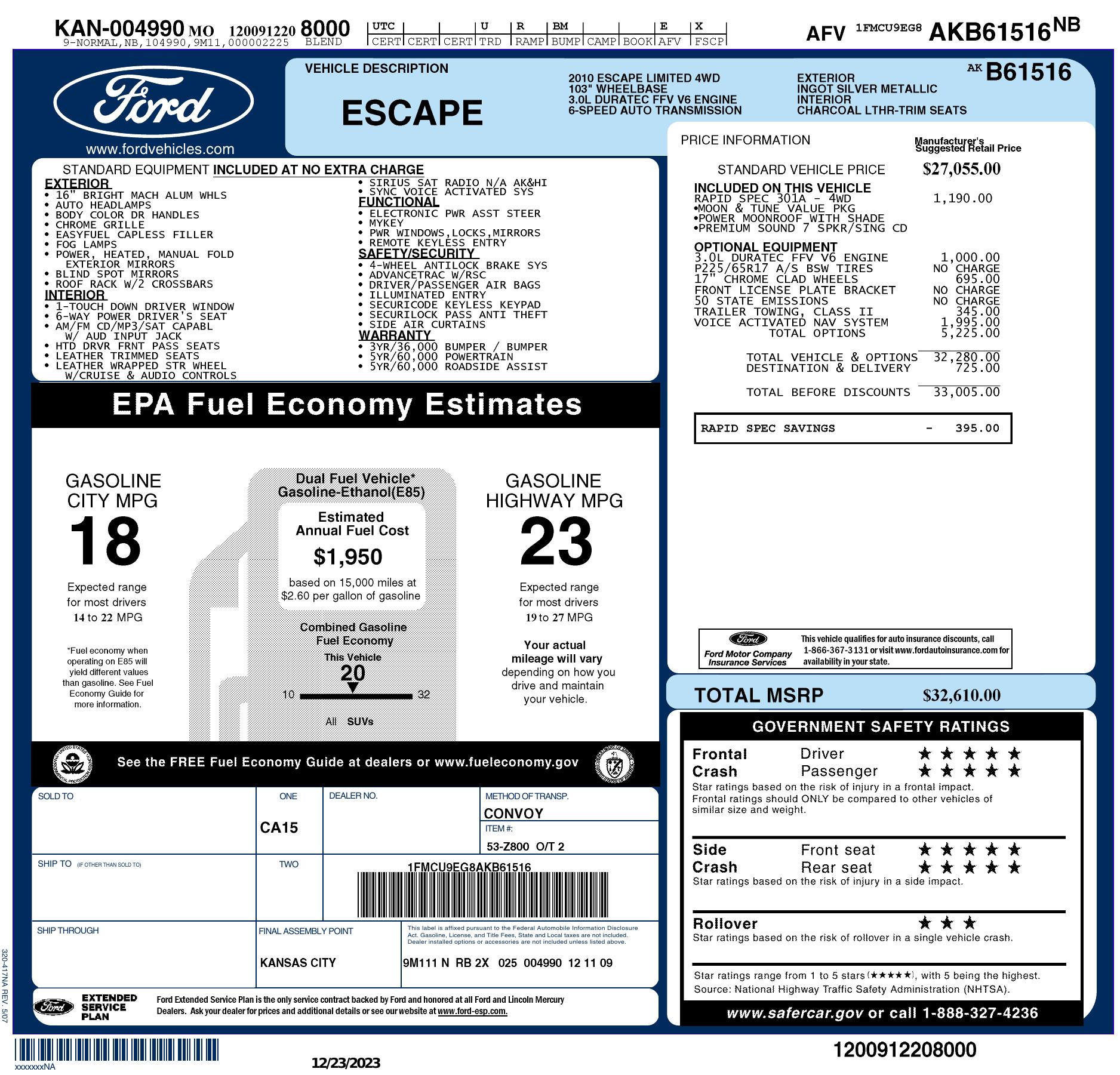 Window Sticker for 2010 Ford Escape 4 Wd 4dr Limited