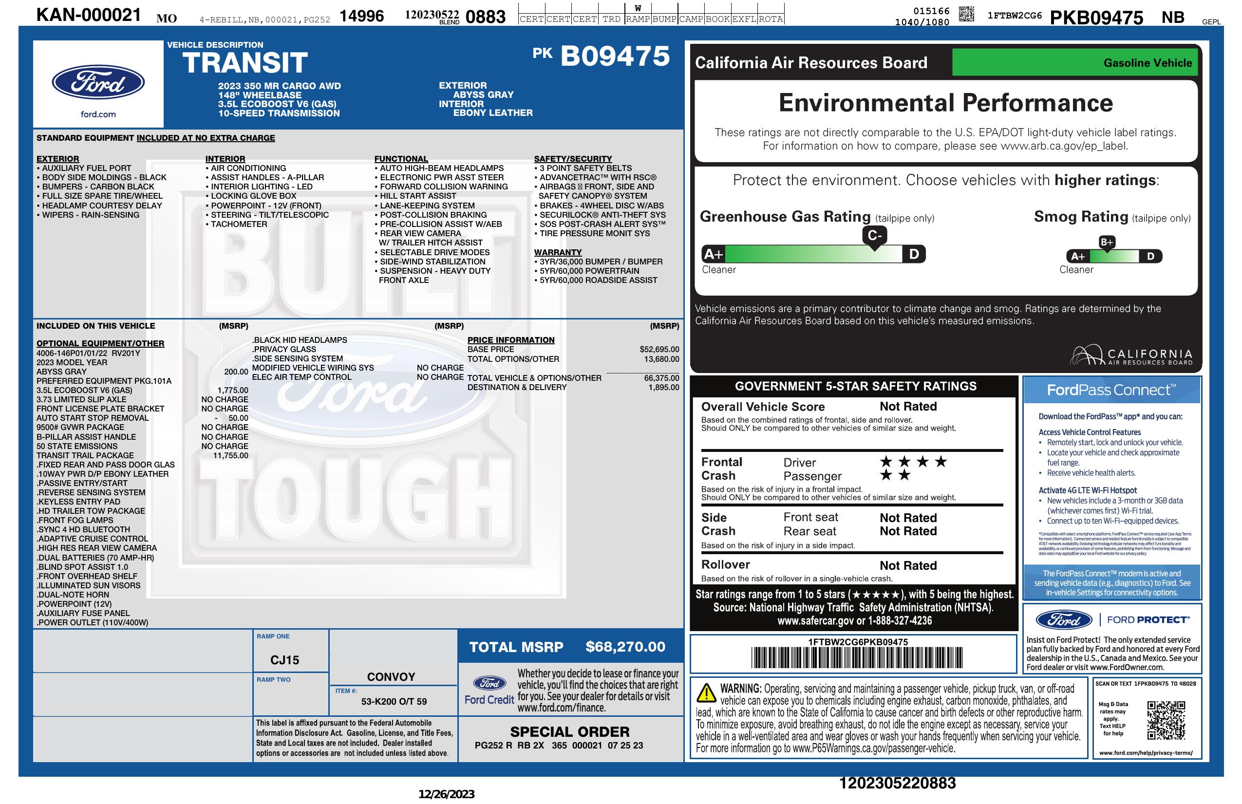Window Sticker for 2023 Ford Transit Cargo Van T 350 Med Rf 9500 Gvwr Awd