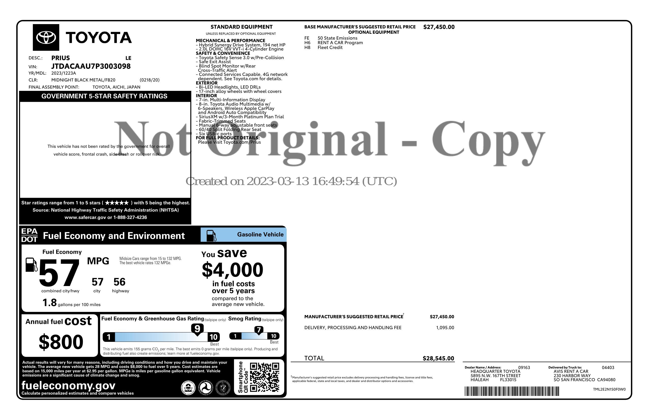 Window Sticker for 2023 Toyota Prius (Natl)