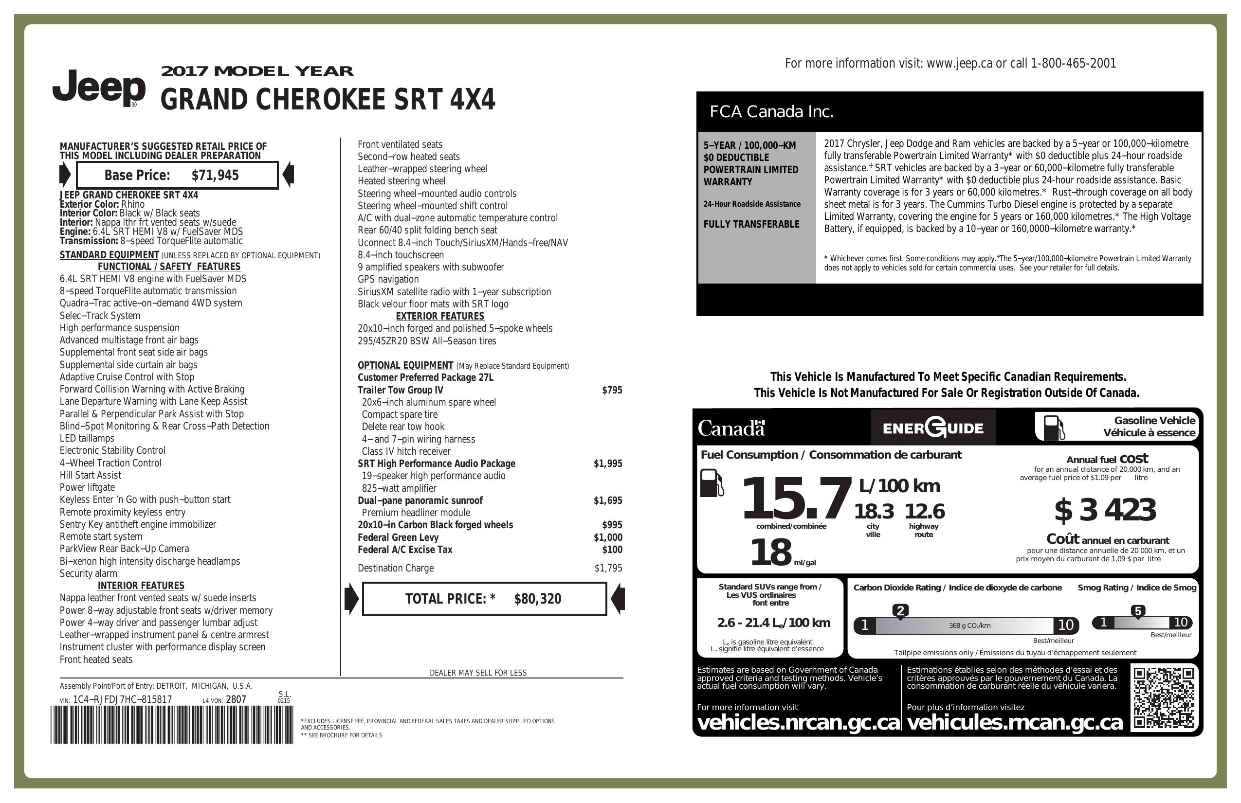 Window Sticker for 2017 Jeep Grand Cherokee 4 Wd 4dr Srt