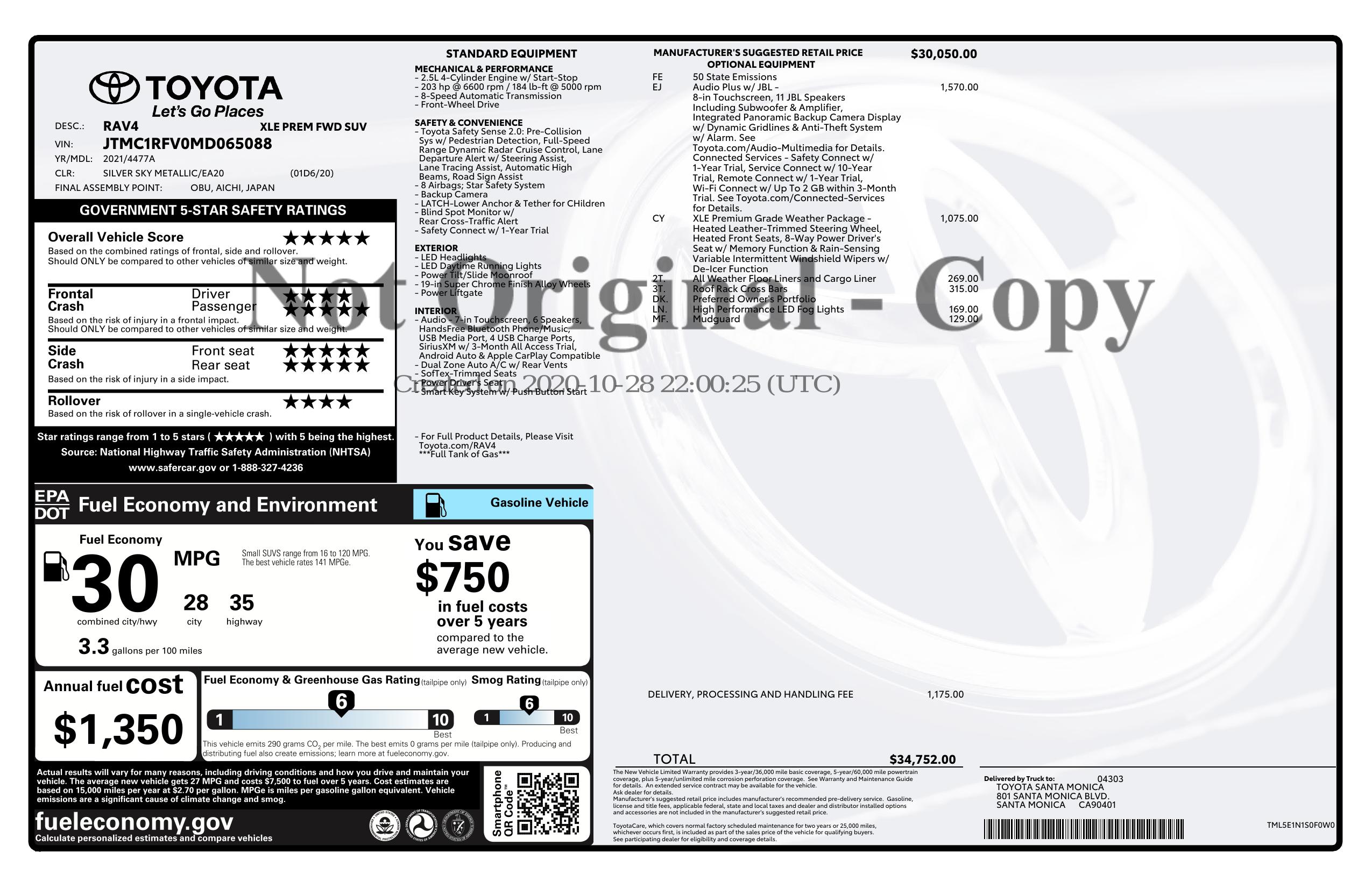 Window Sticker for 2021 Toyota Rav4 Xle Premium Fwd (Natl)