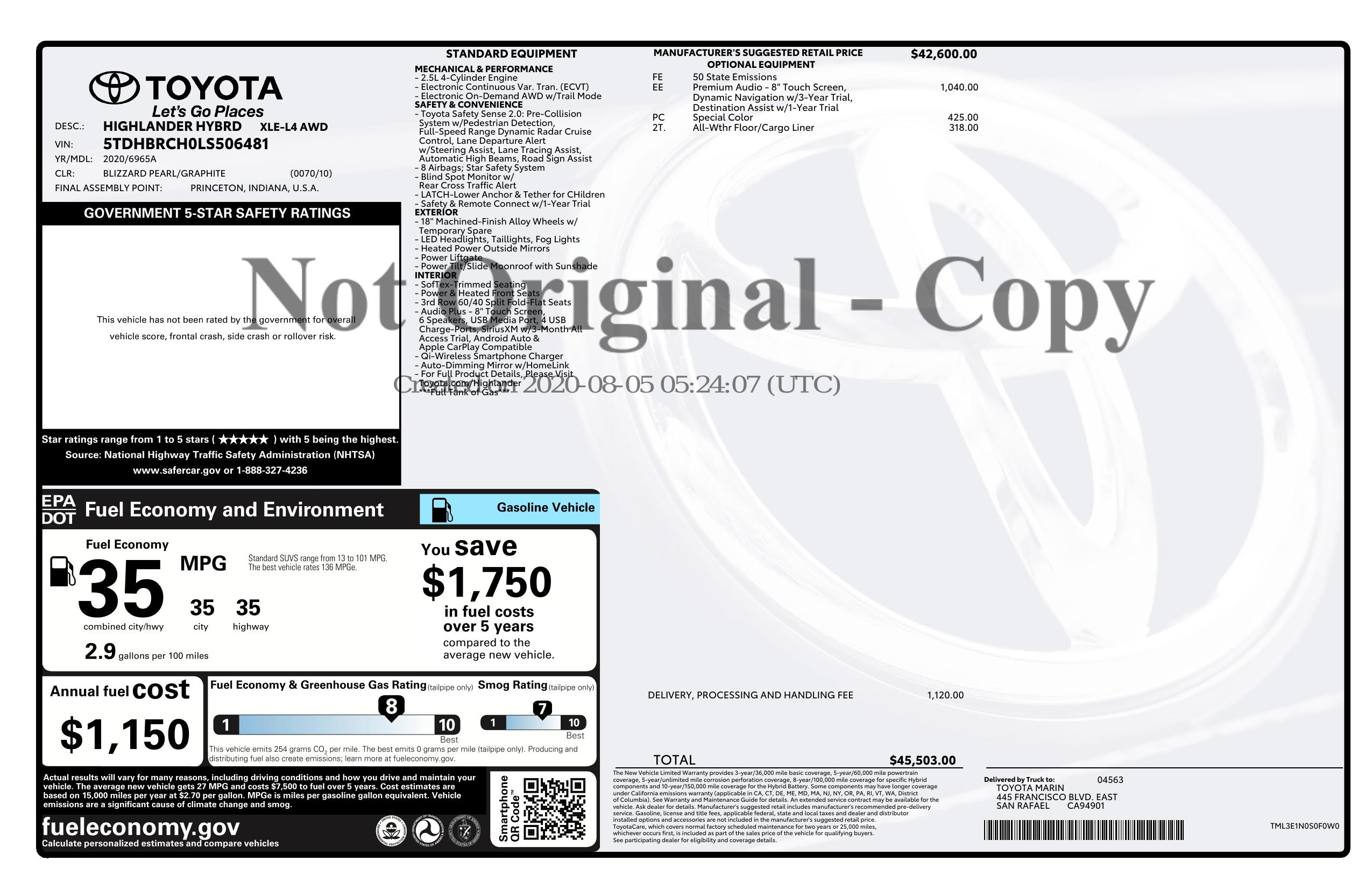 Window Sticker for 2020 Toyota Highlander Hybrid Xle Awd (Natl)