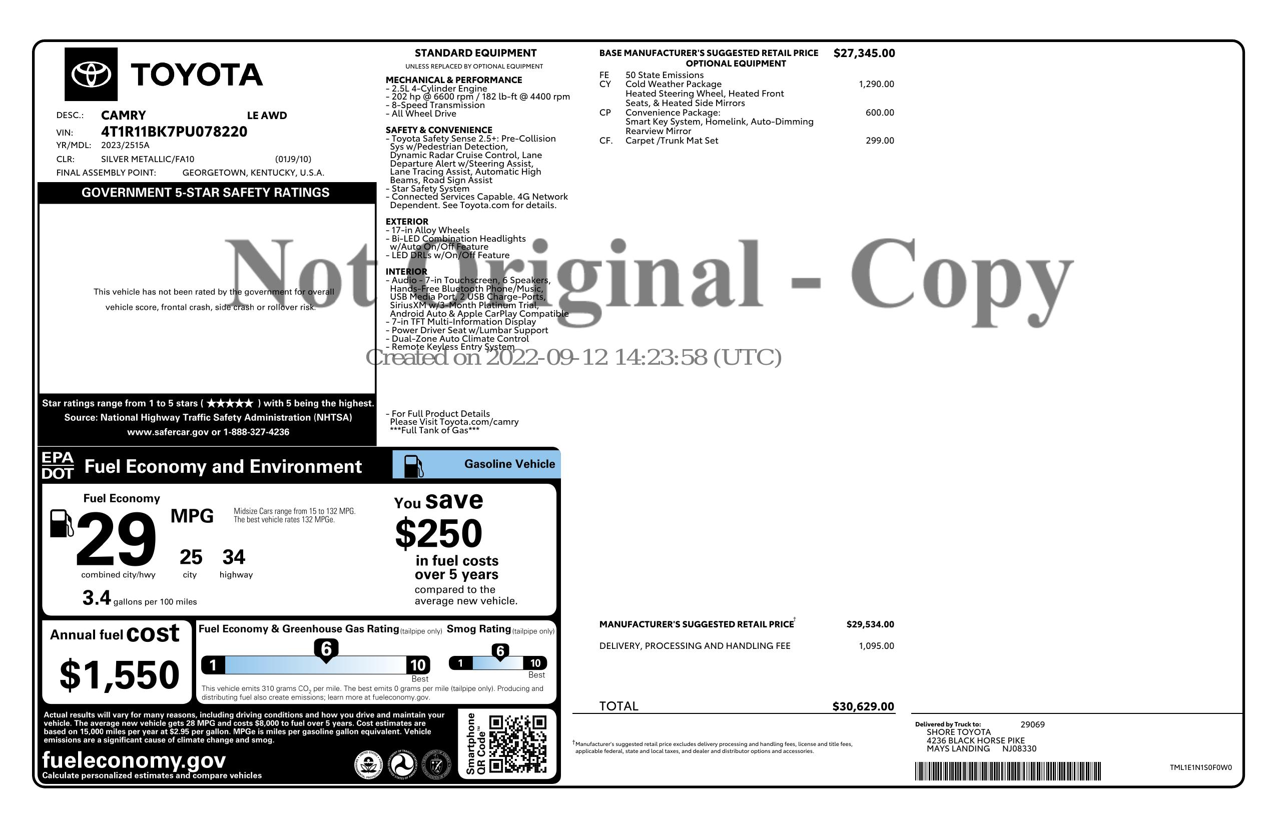 Window Sticker for 2023 Toyota Camry Le Auto Awd (Natl)