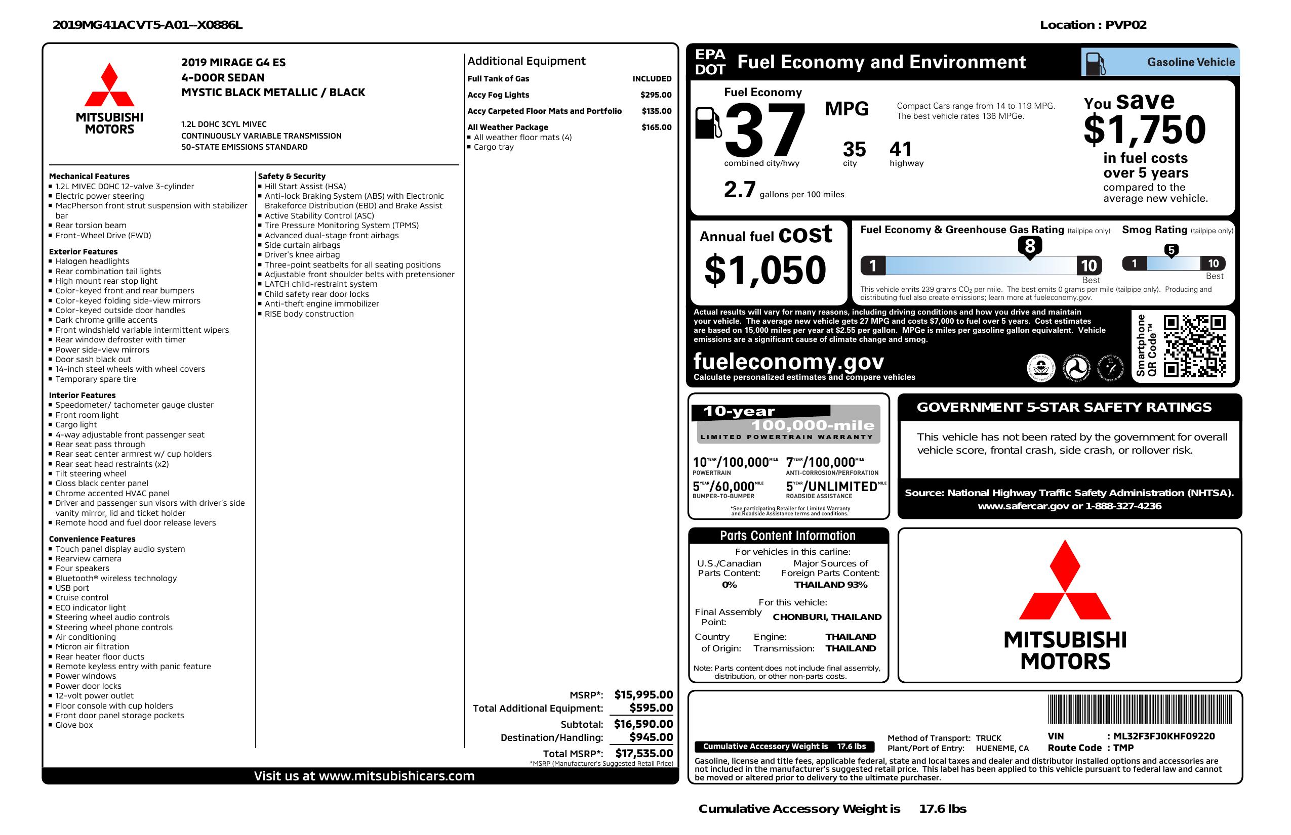 Window Sticker for 2019 Mitsubishi Mirage G4