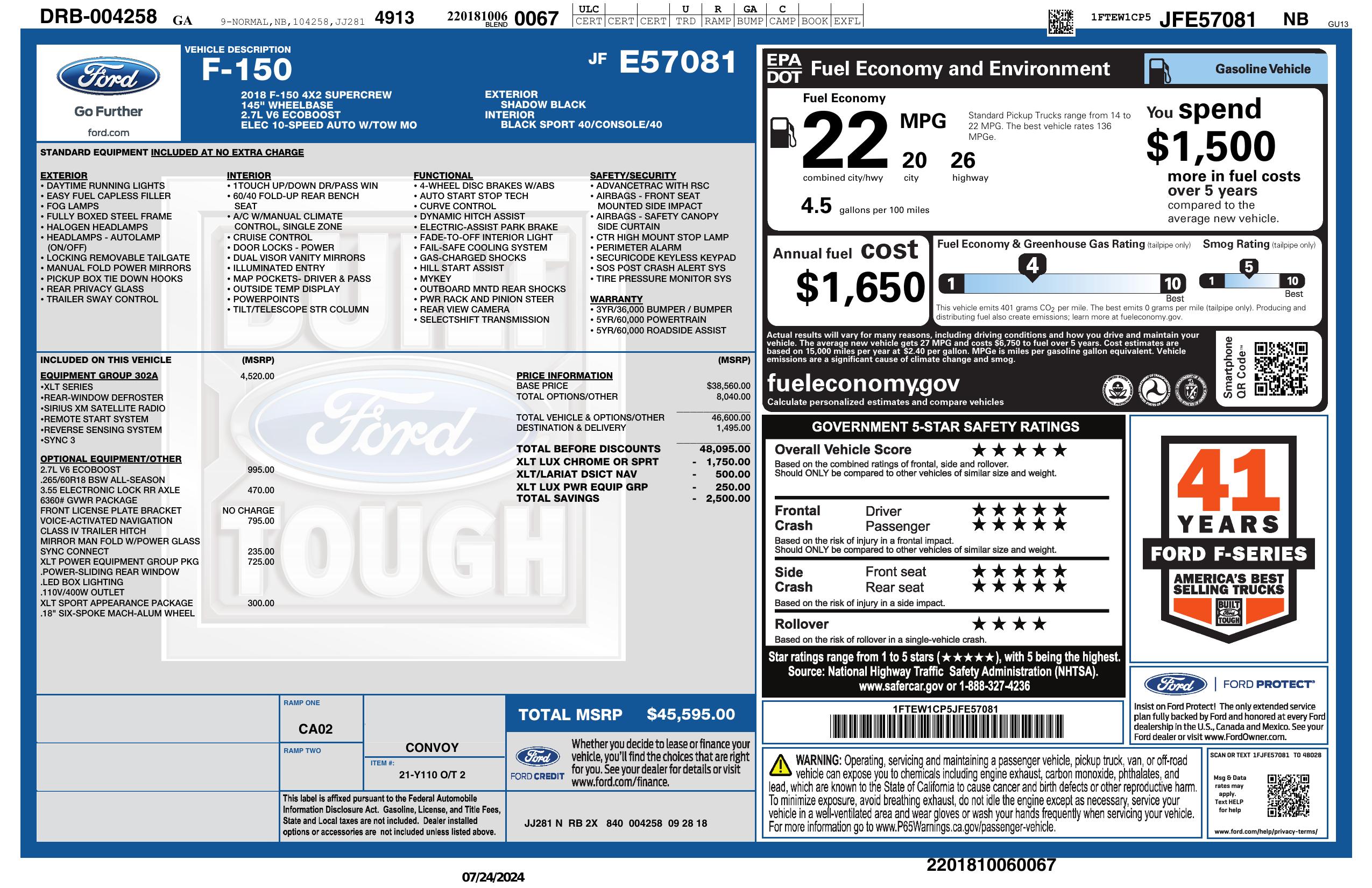 Window Sticker for 2018 Ford F 150 2 Wd Super Crew Box