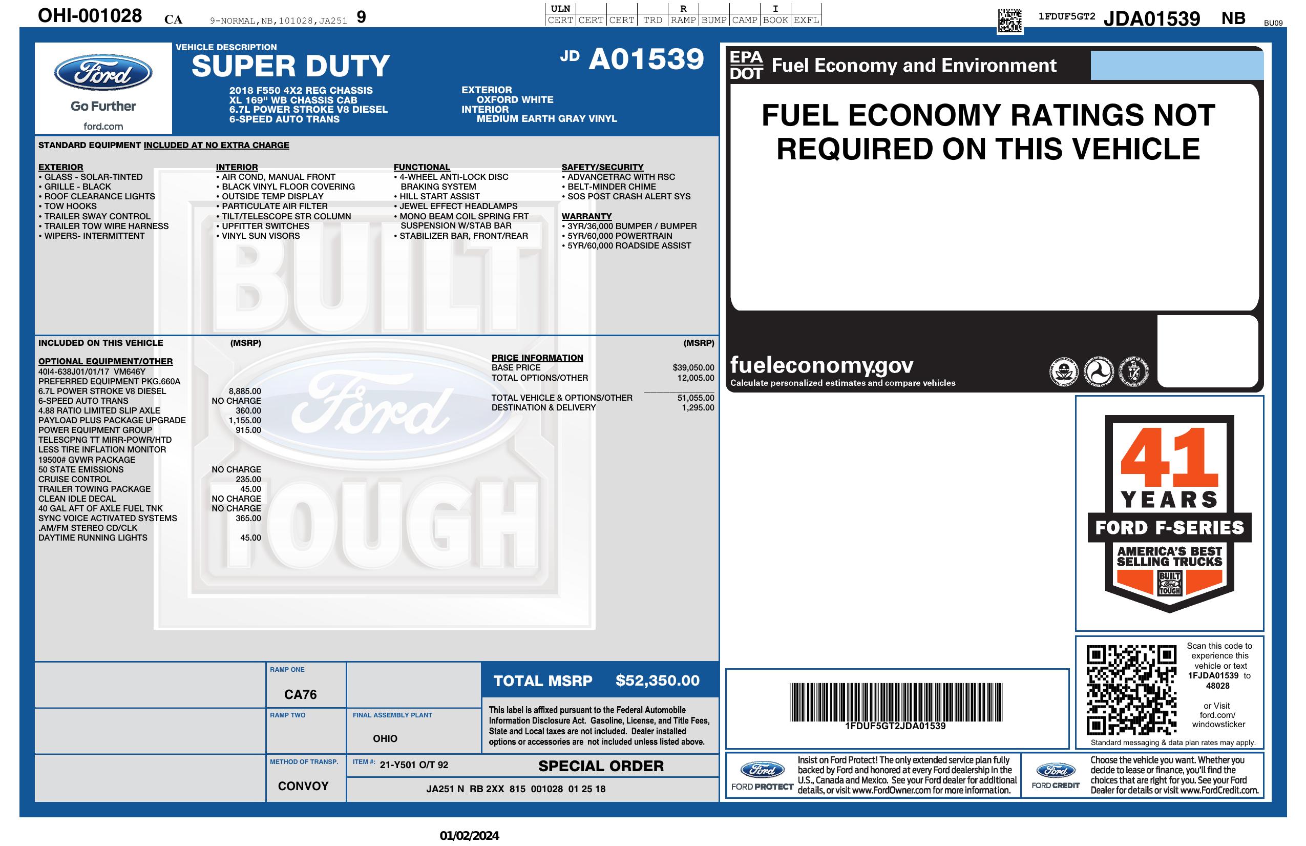 Window Sticker for 2018 Ford Super Duty F 550 Drw 2 Wd Reg Cab Wb Ca