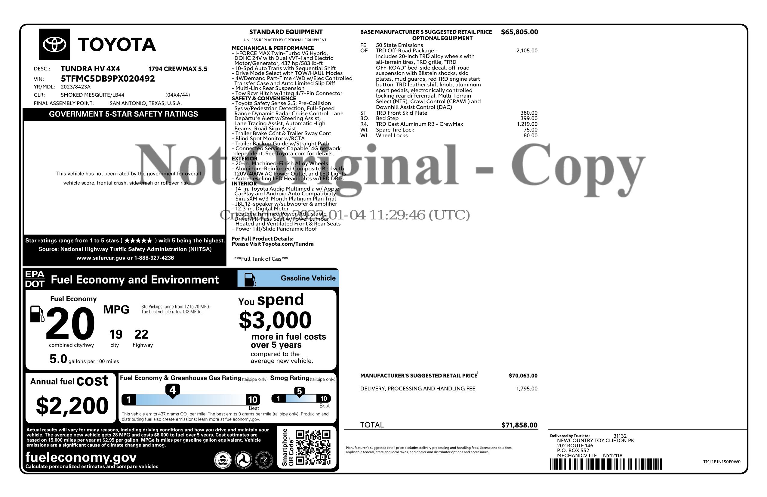 Window Sticker for 2023 Toyota Tundra 4 Wd 1794 Edition Hybrid Crew Max ...