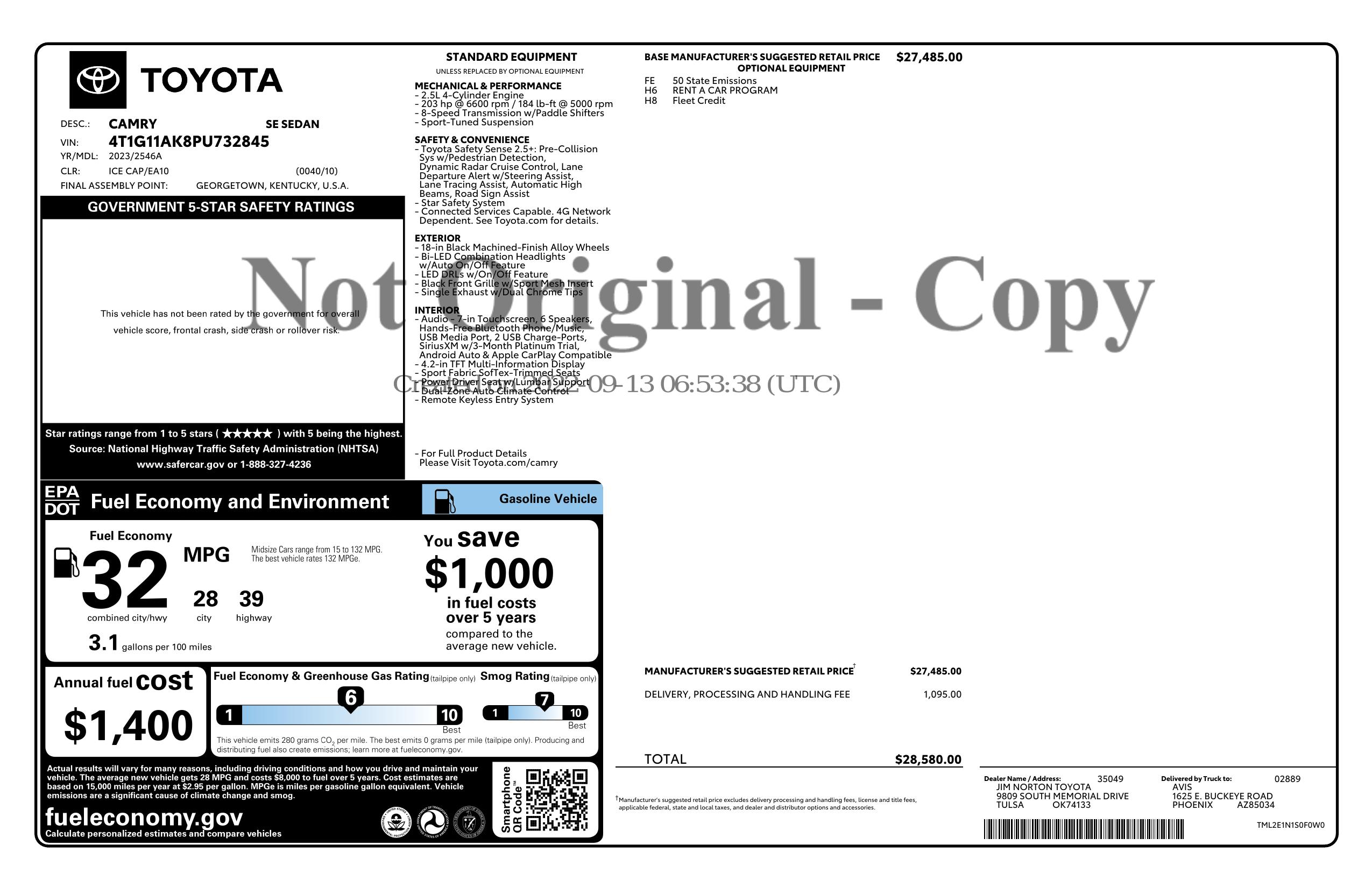 Window Sticker for 2023 Toyota Camry Se (Natl)