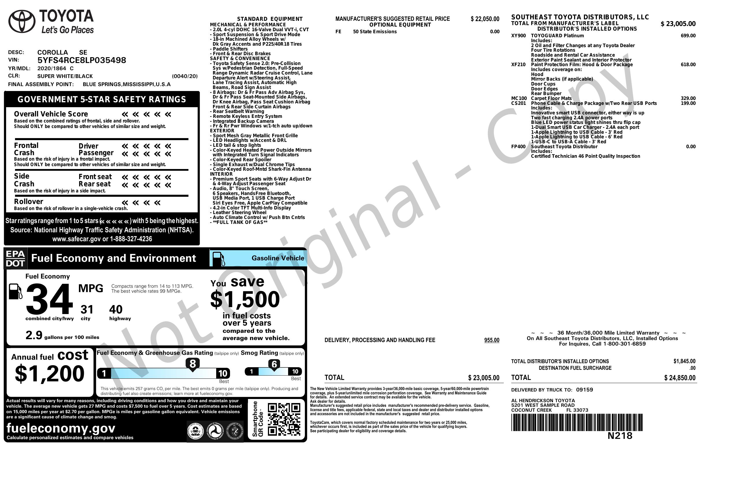 Window Sticker for 2020 Toyota Corolla Cvt (Natl)