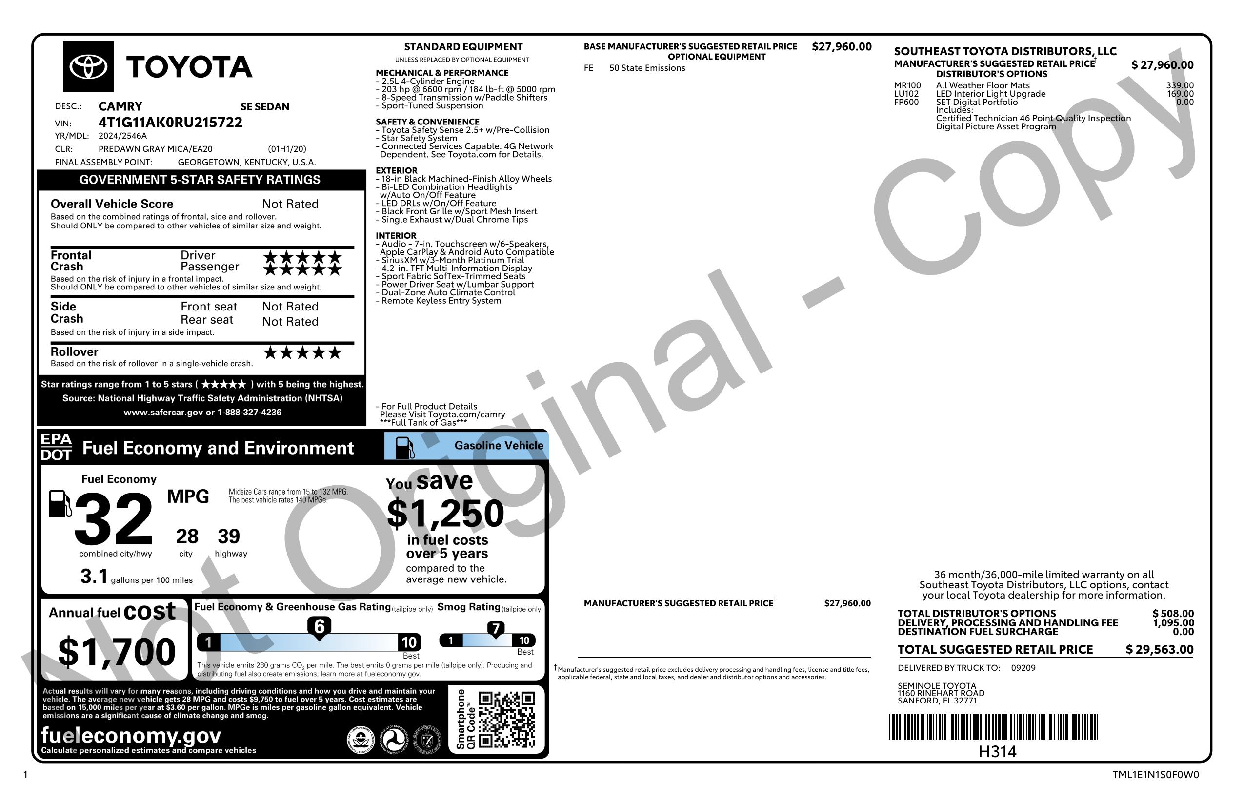 Window Sticker for 2024 Toyota Camry Se Auto (Natl)