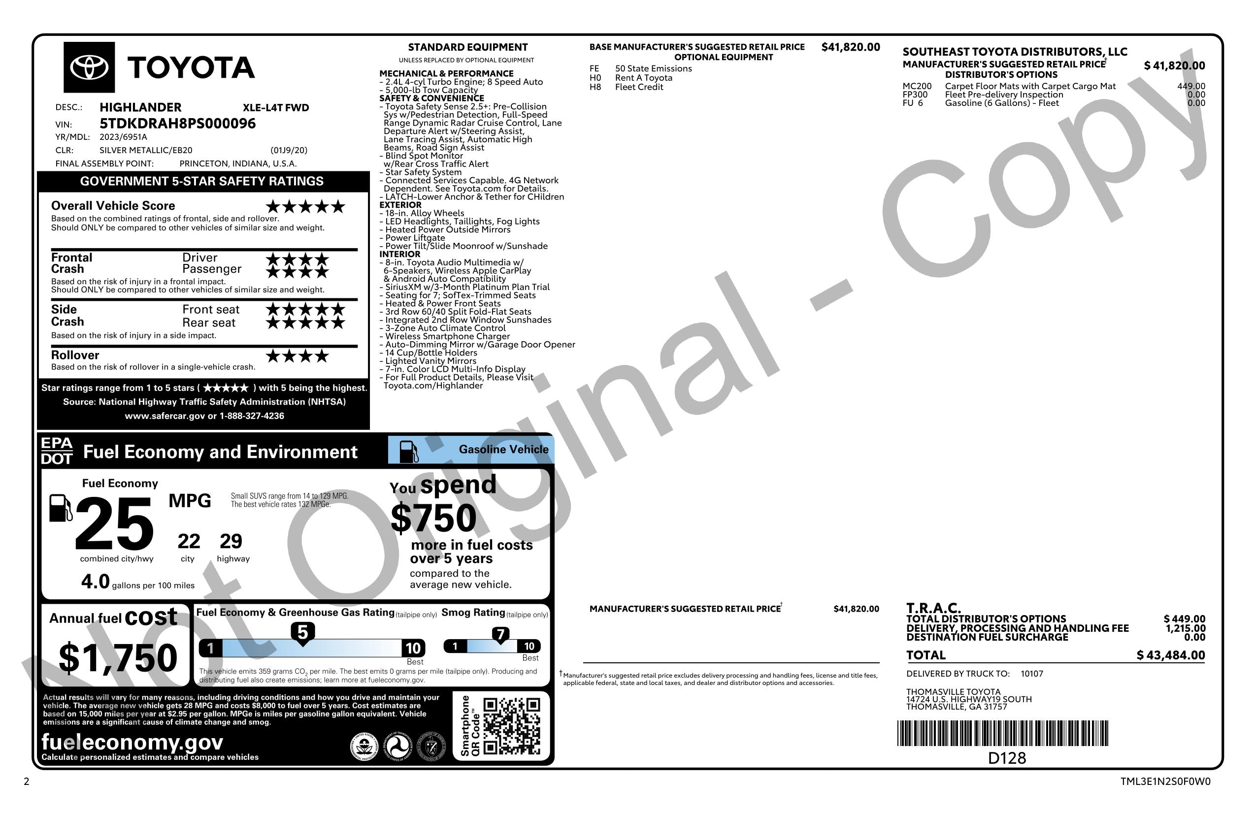 Window Sticker for 2023 Toyota Highlander Fwd (Natl)