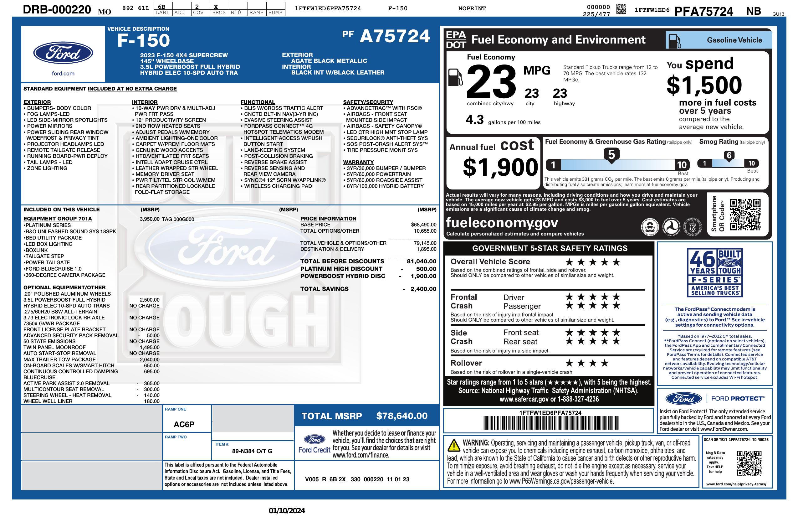 Window Sticker for 2023 Ford F 150 4 Wd Super Crew Box