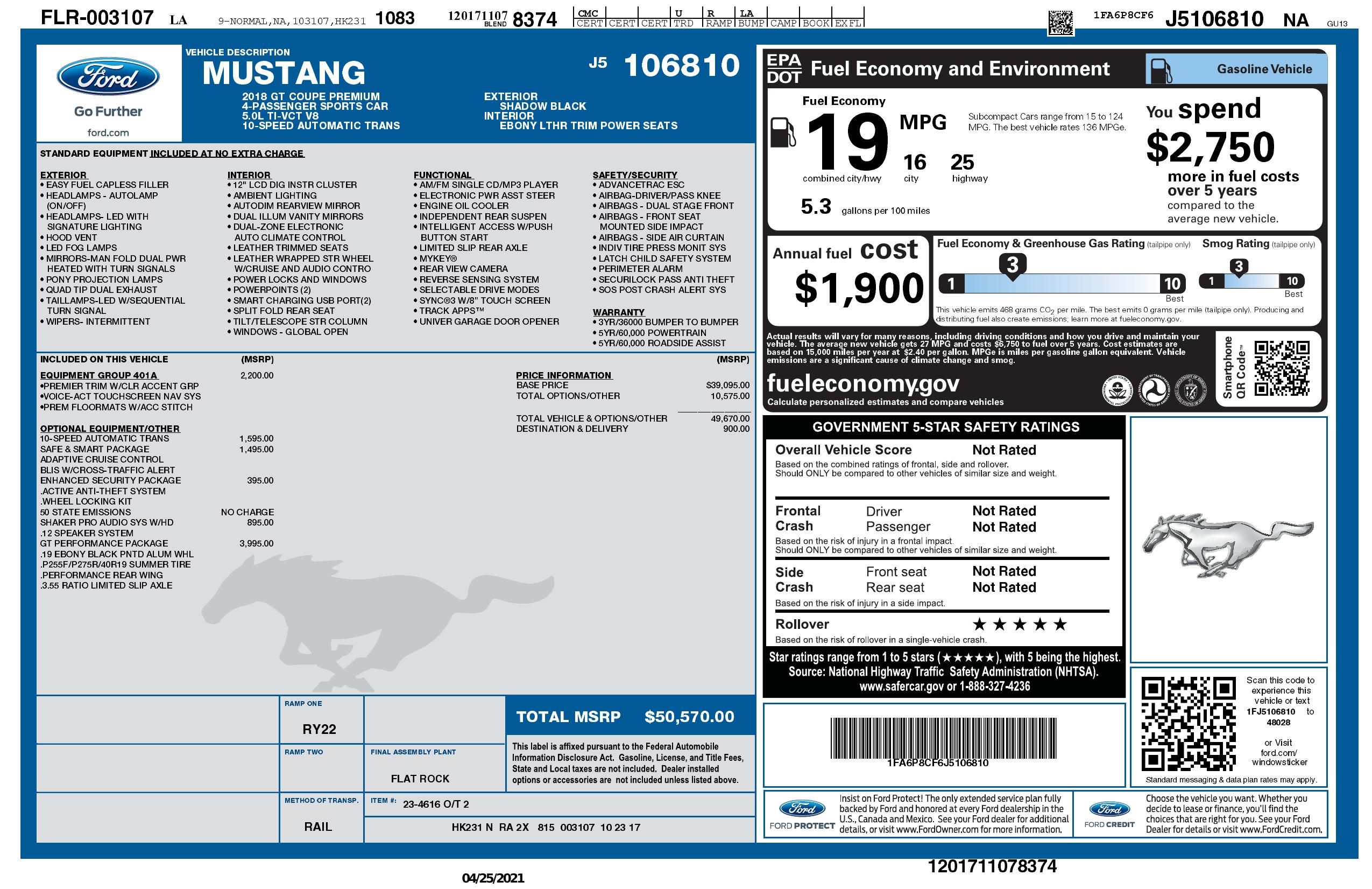 Window Sticker for 2018 Ford Mustang Gt Fastback
