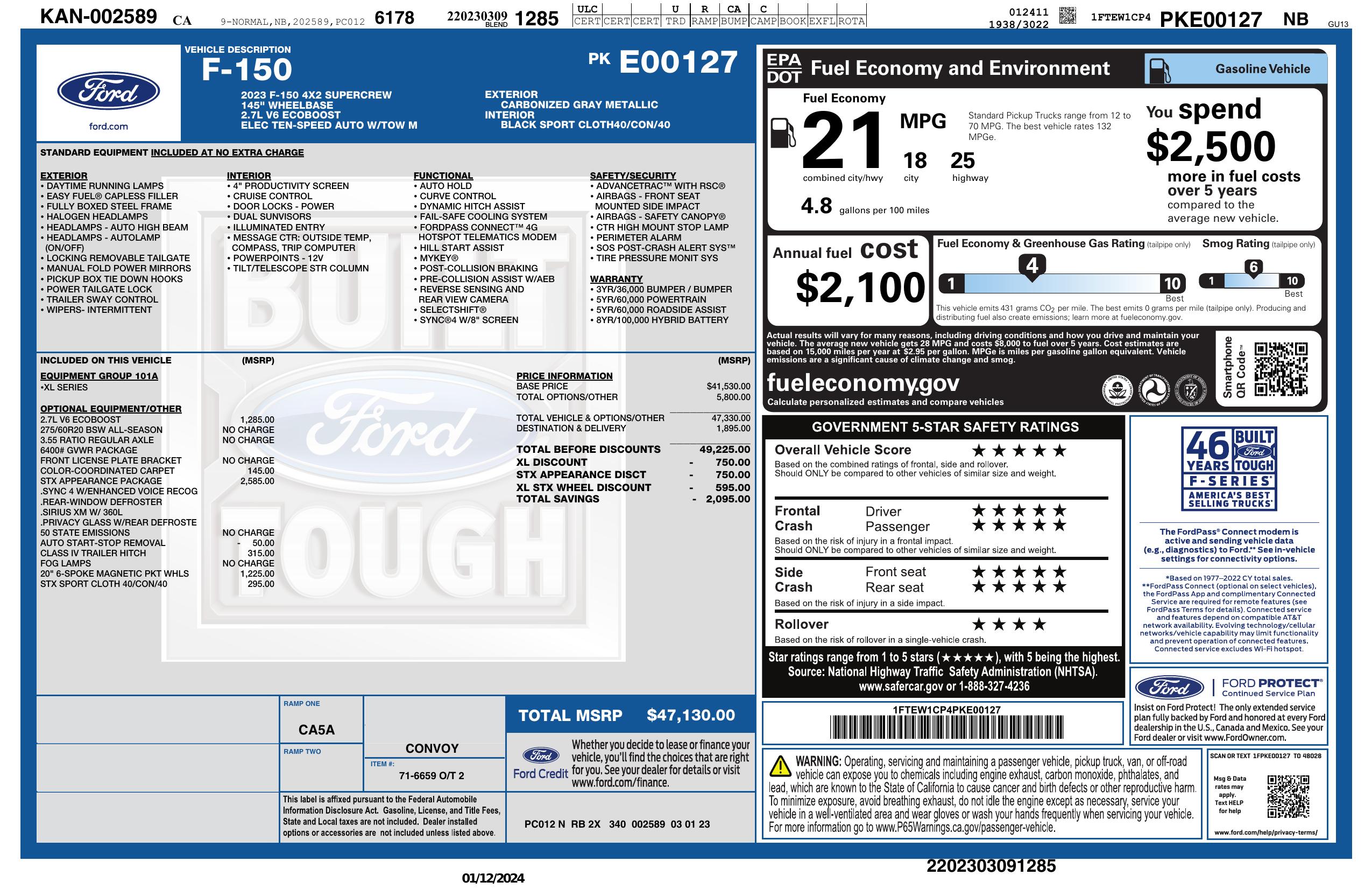 Window Sticker for 2023 Ford F 150 2 Wd Super Crew Box