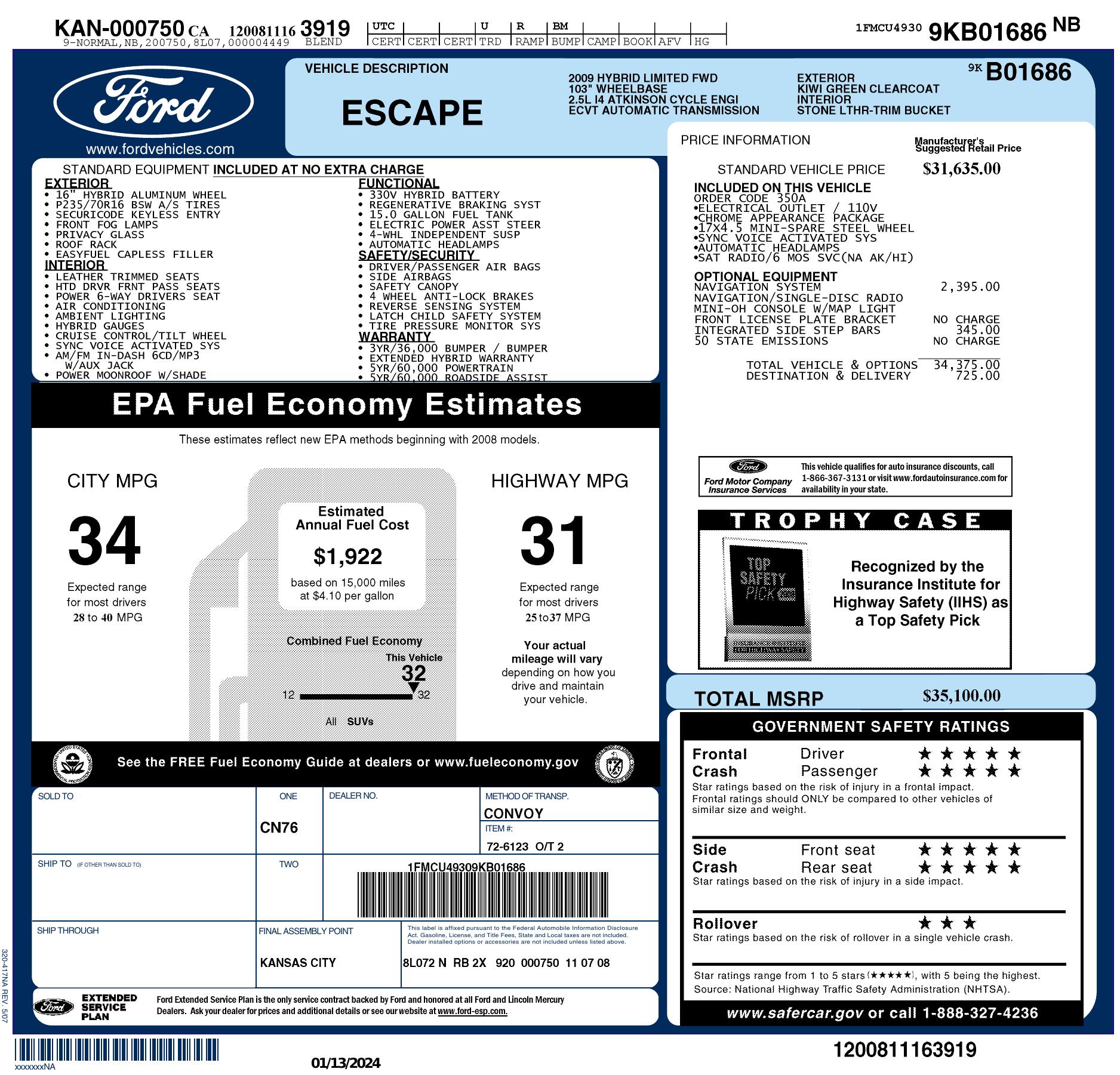 Window Sticker for 2009 Ford Escape Fwd 4dr I4 Cvt Hybrid