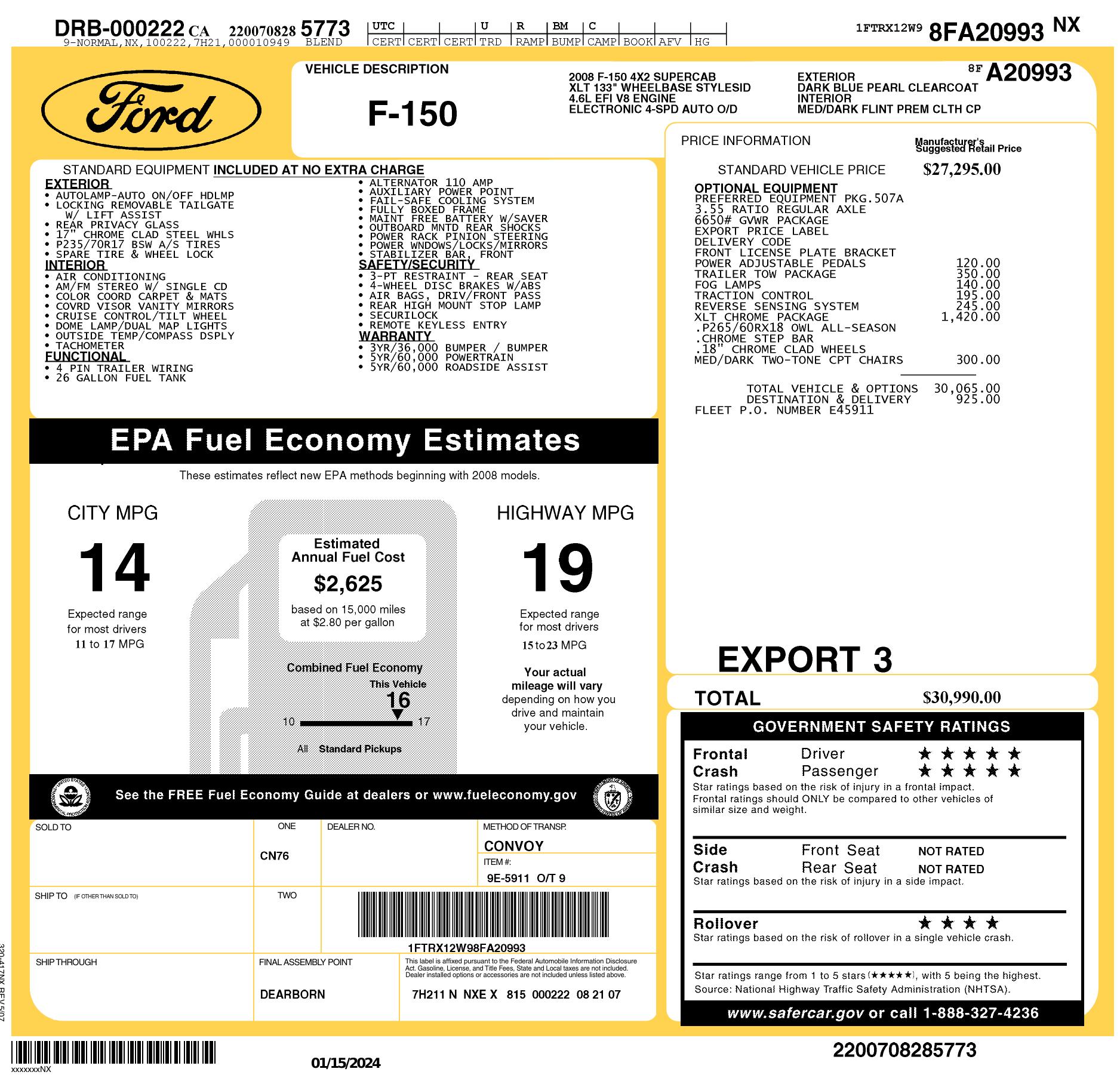 Window Sticker for 2008 Ford F 150 2 Wd Super Cab