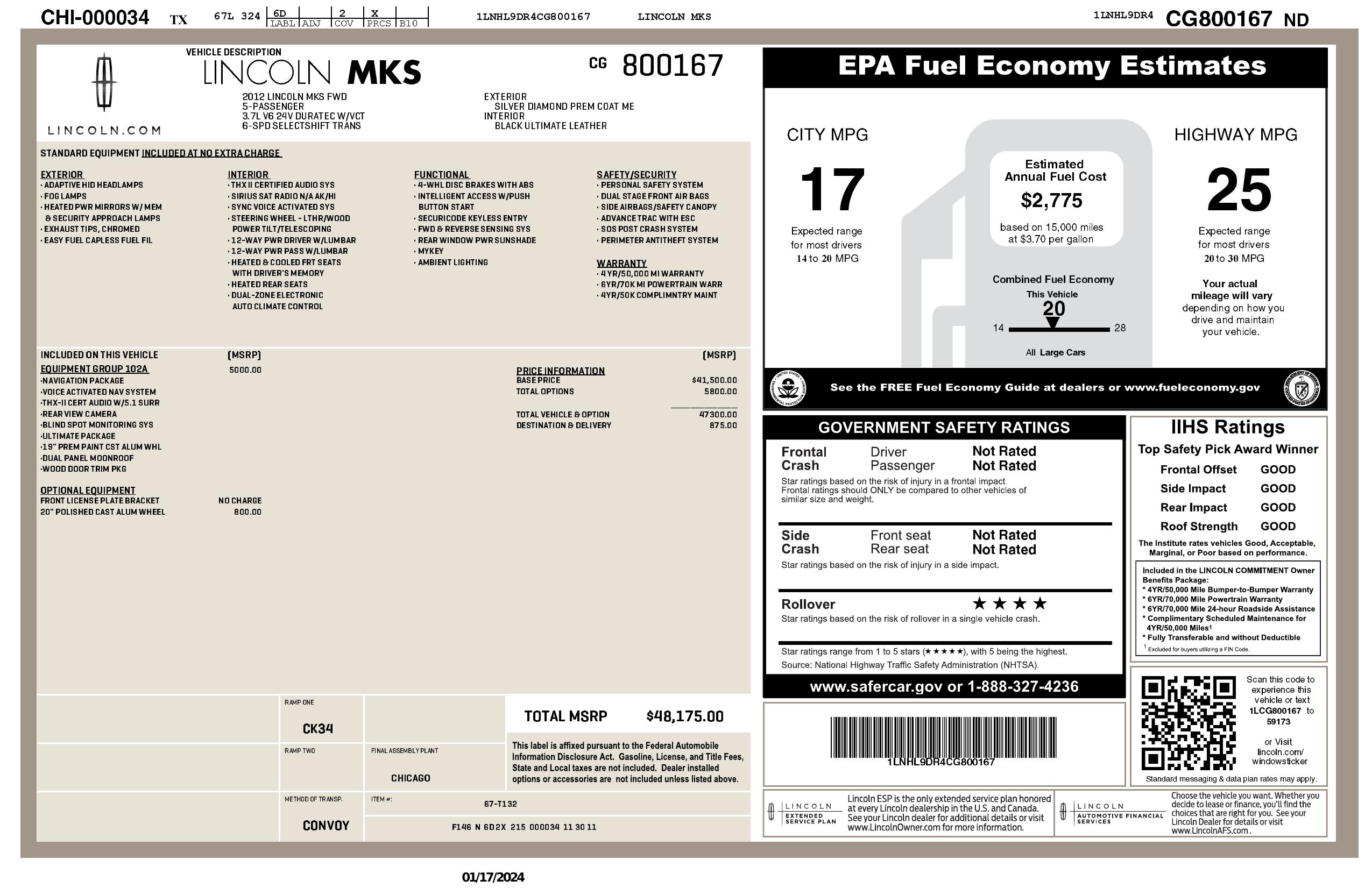 Window Sticker for 2012 Lincoln Mks 4dr Sdn 3.7 L Fwd