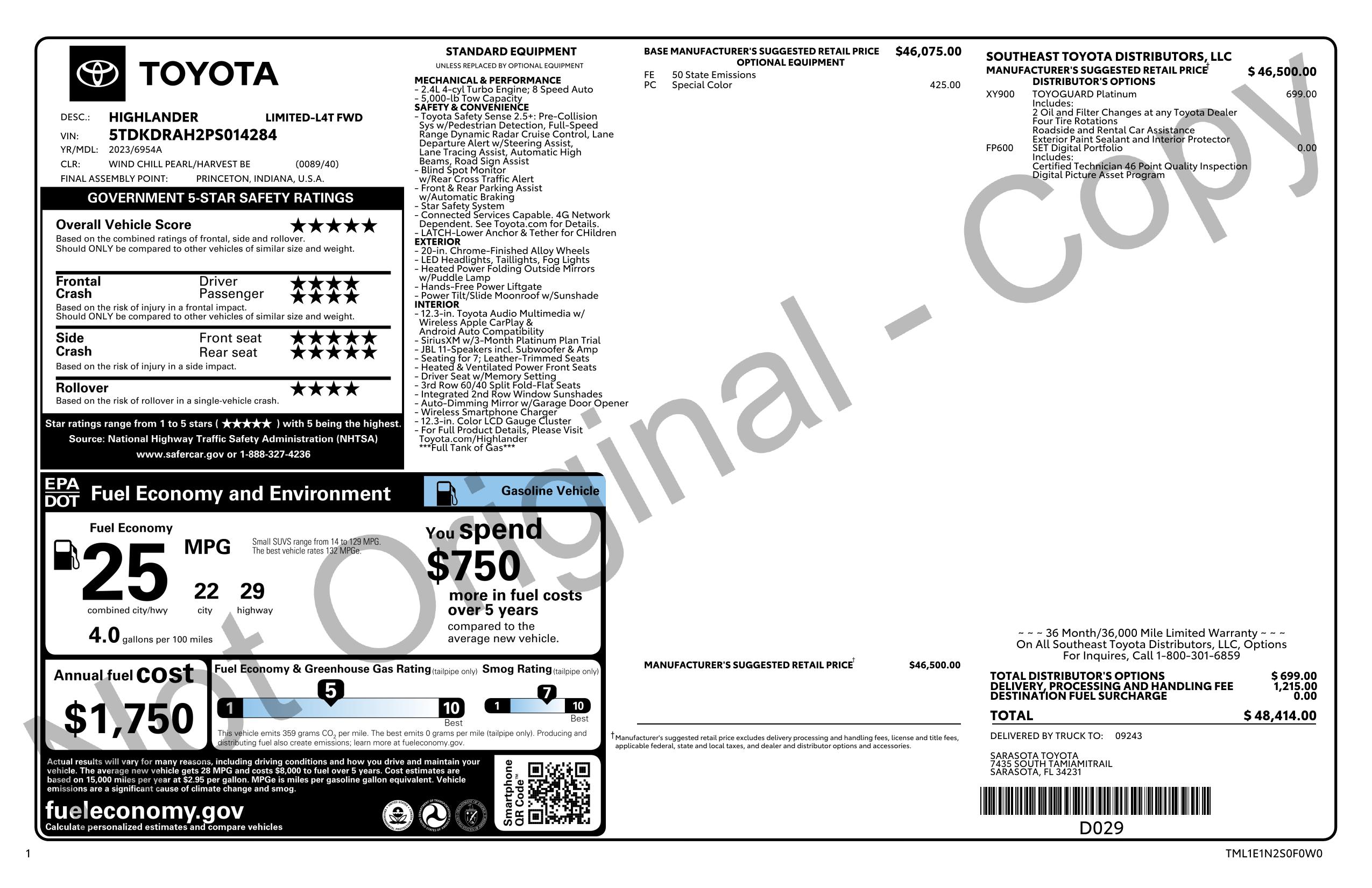Window Sticker for 2023 Toyota Highlander Fwd (Natl)