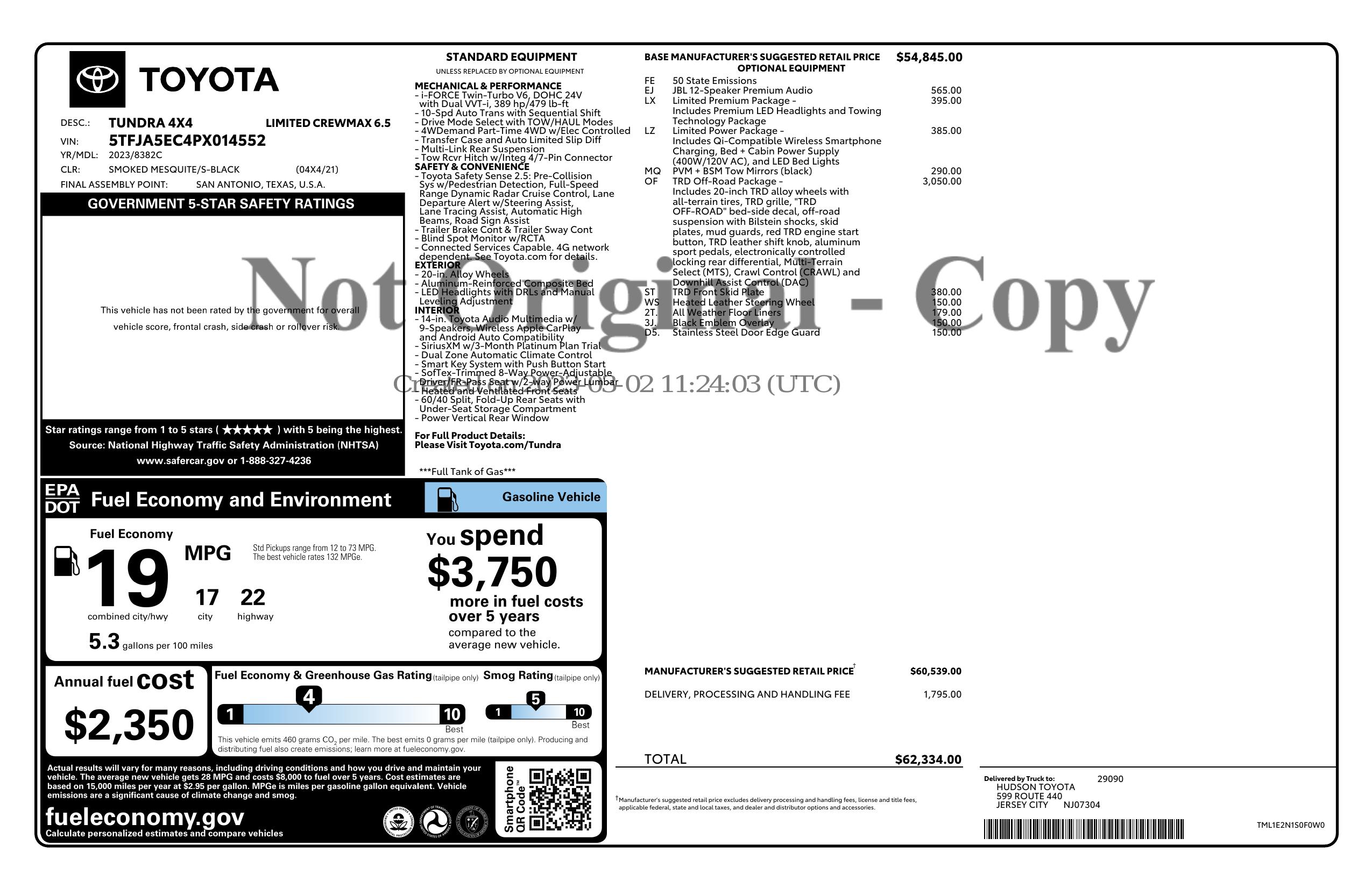 Window Sticker for 2023 Toyota Tundra 4 Wd Limited Crew Max 6.5' Bed (Natl)