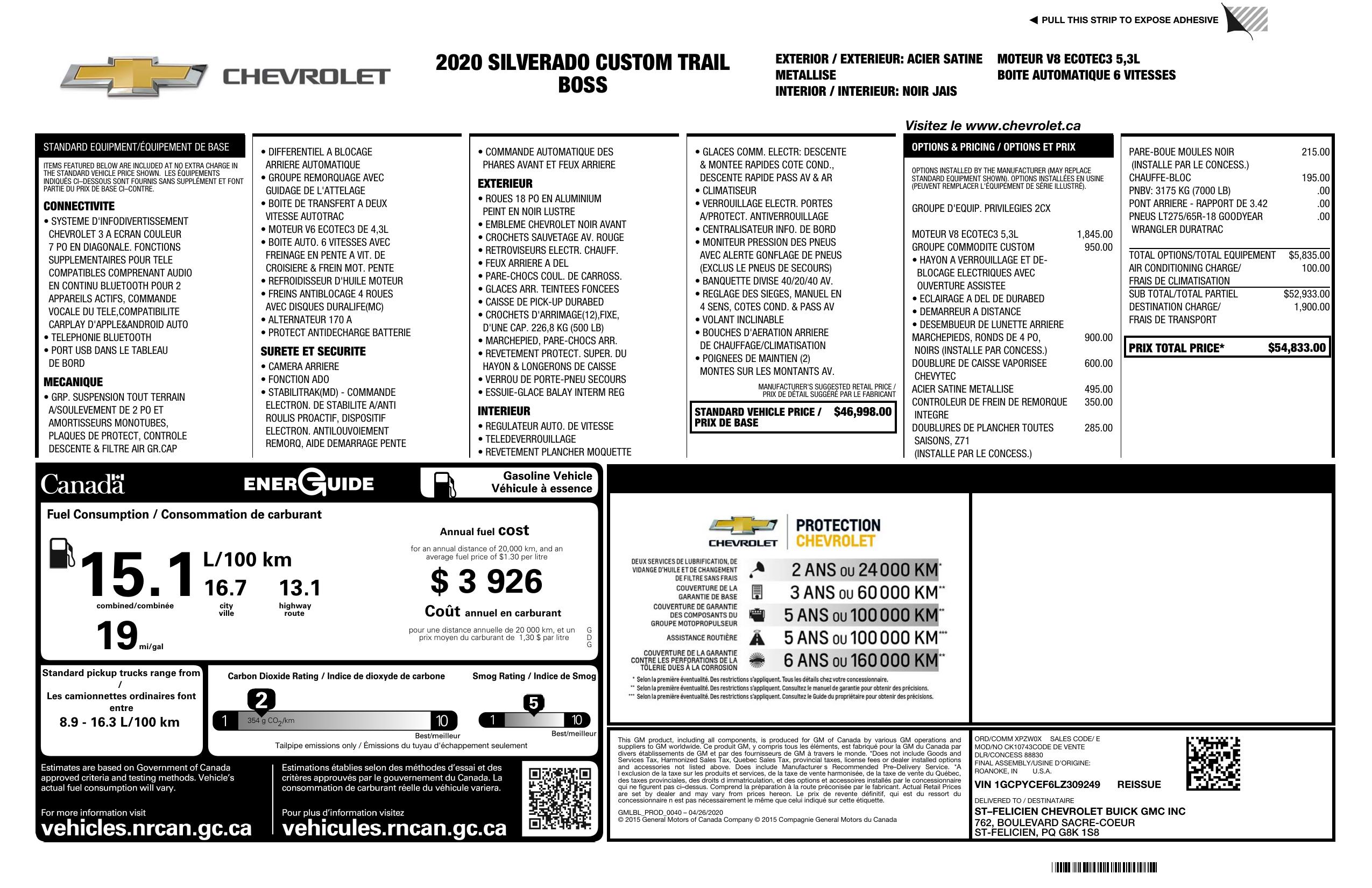 Window Sticker for 2020 Chevrolet Silverado 1500 4 Wd Crew Cab Custom ...