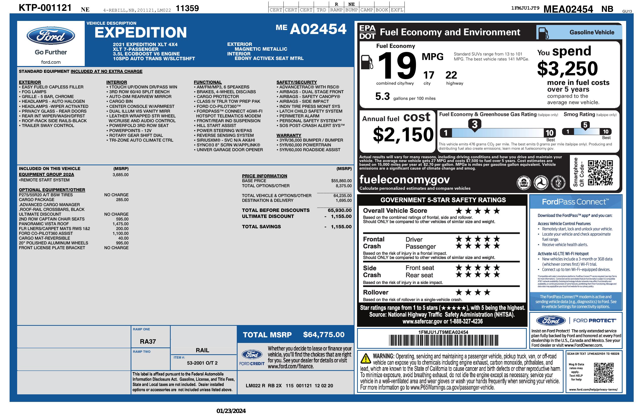 Window Sticker for 2021 Ford Expedition Xlt 4x4