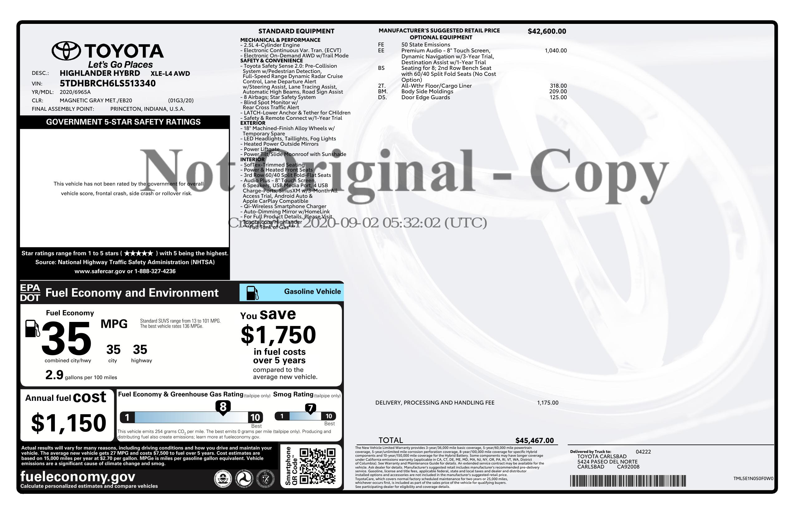 Window Sticker for 2020 Toyota Highlander Hybrid Xle Awd (Natl)