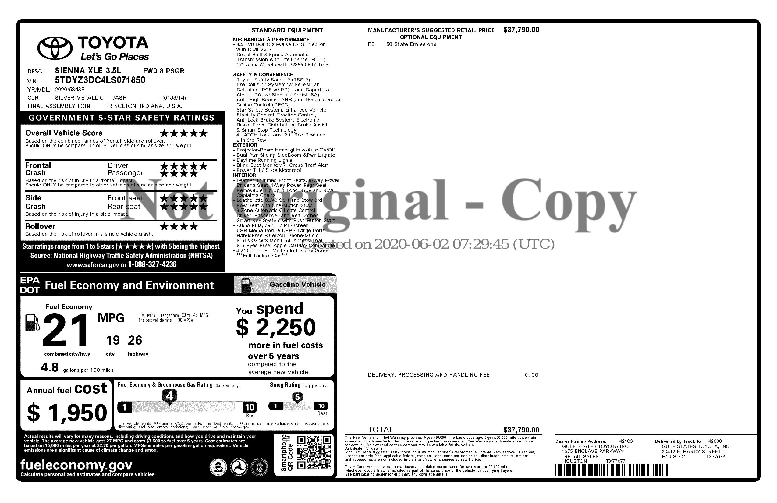 Window Sticker for 2020 Toyota Sienna Fwd (Natl)