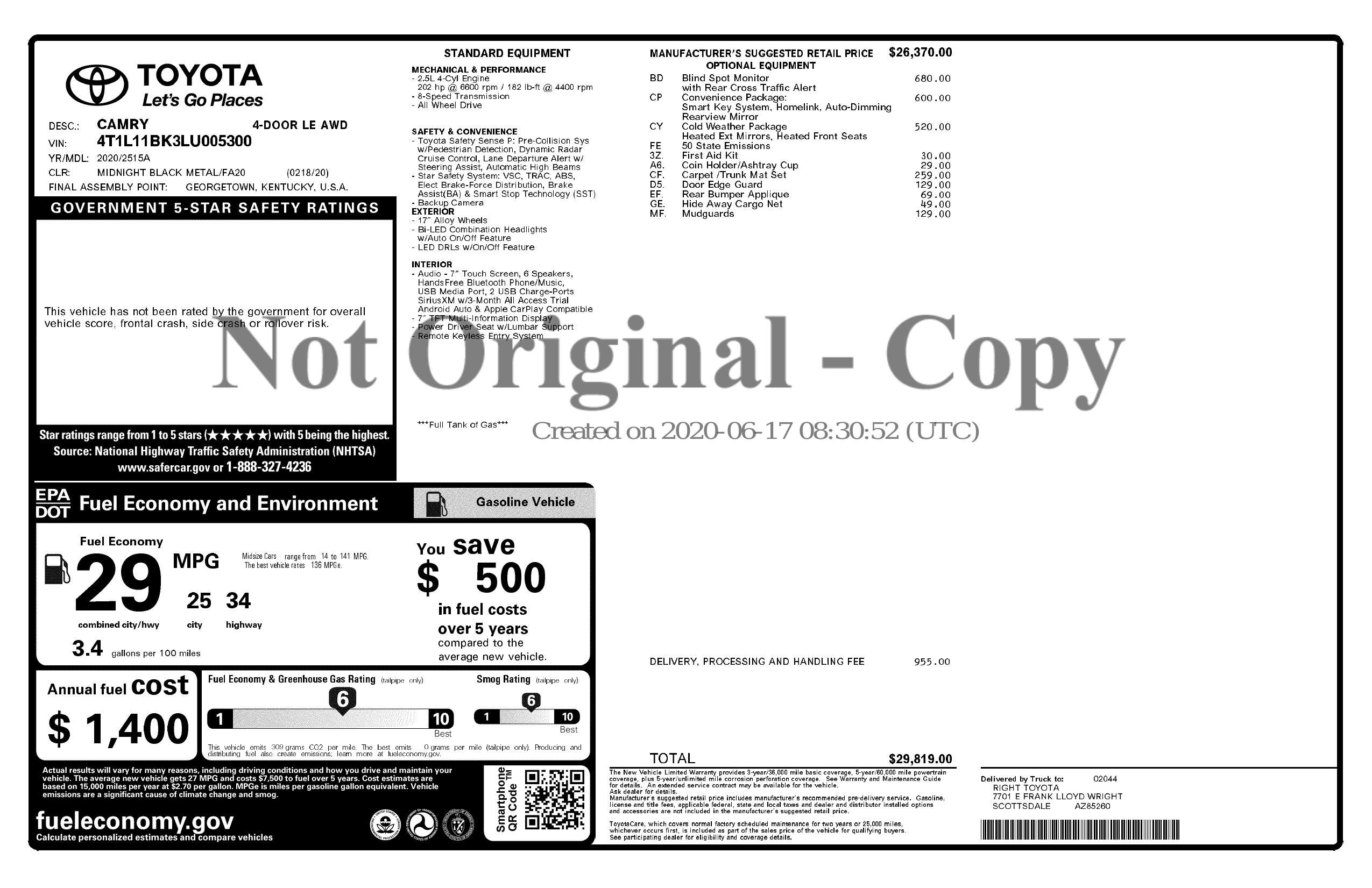 Window Sticker for 2020 Toyota Camry Le Auto Awd (Natl)