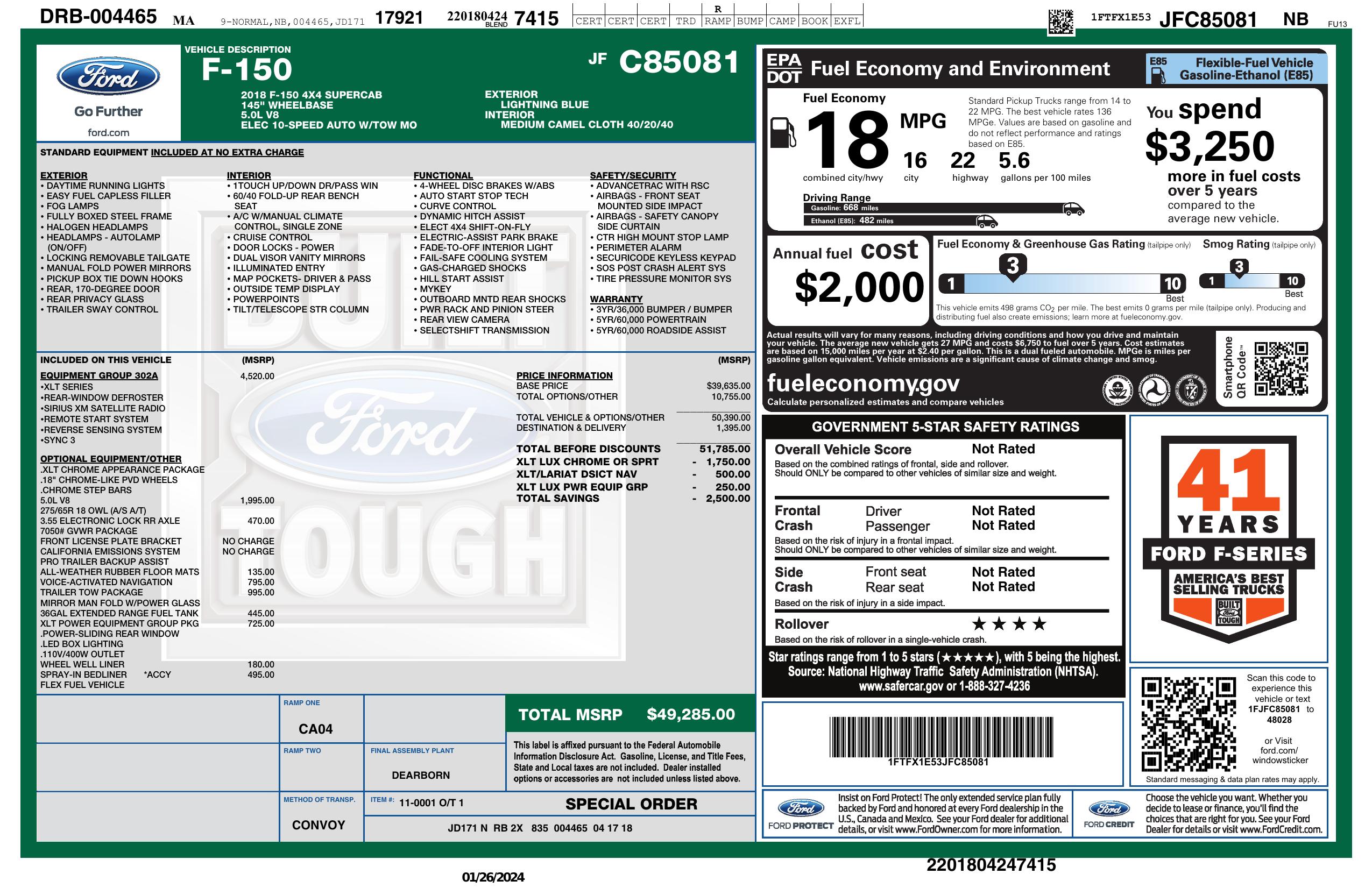 Window Sticker for 2018 Ford F 150 4 Wd Super Cab Box