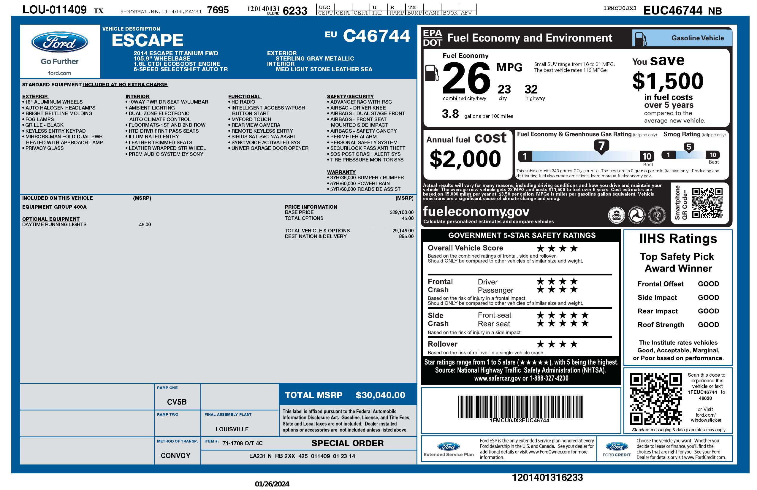 Window Sticker for 2014 Ford Escape Fwd 4dr Titanium