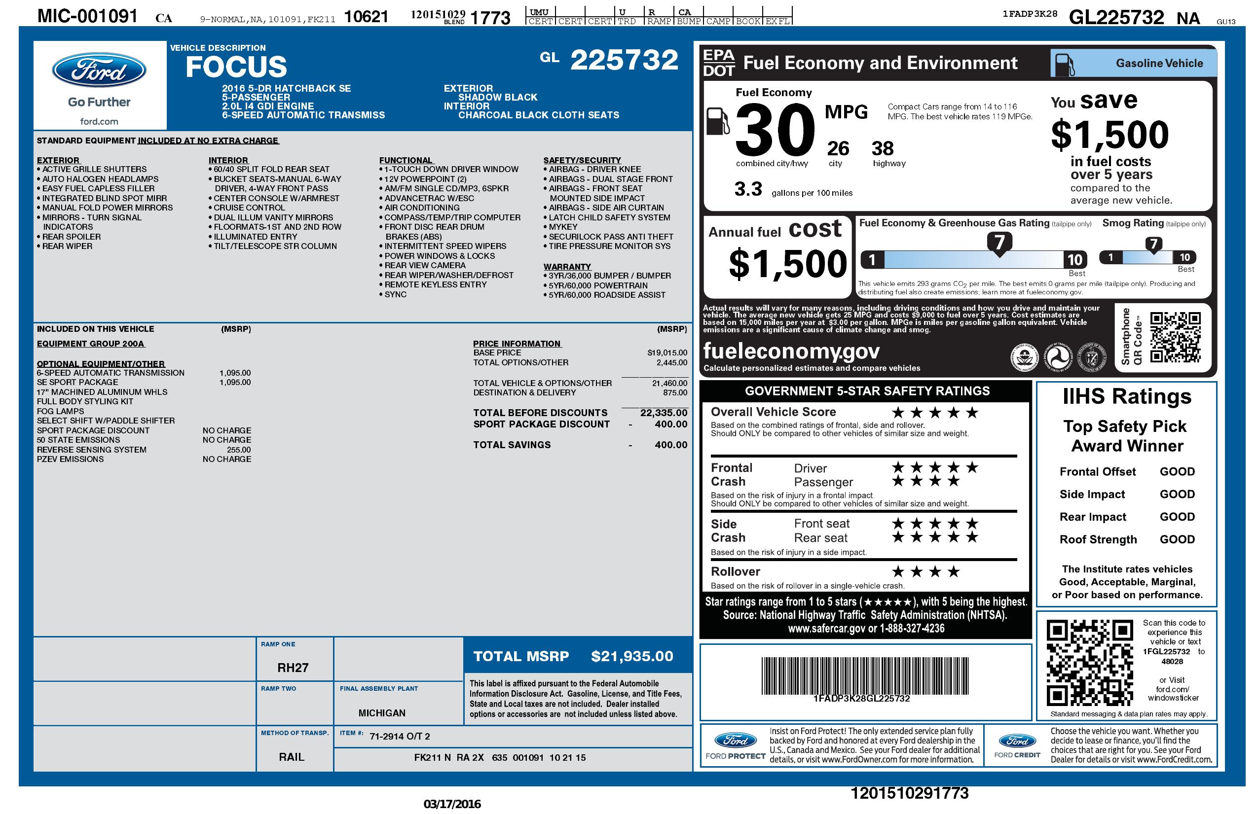 Window Sticker for 2016 Ford Focus 5dr Hb Se
