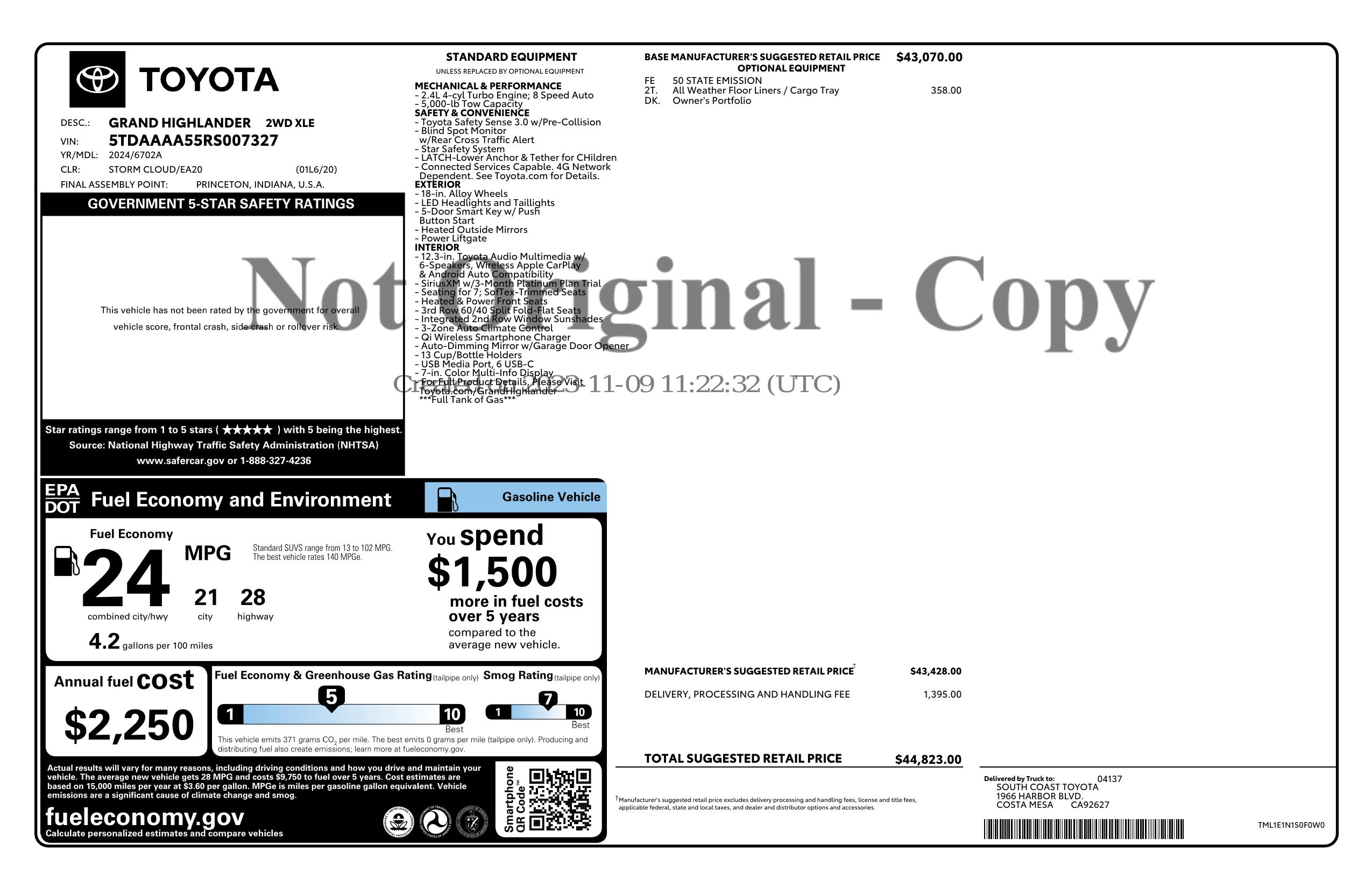 Window Sticker for 2024 Toyota Grand Highlander Fwd (Natl)