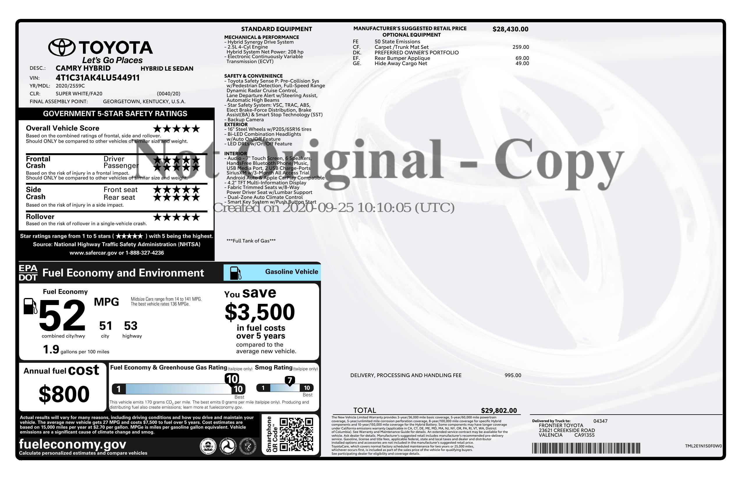 Window Sticker for 2020 Toyota Camry Hybrid Le Cvt (Natl)