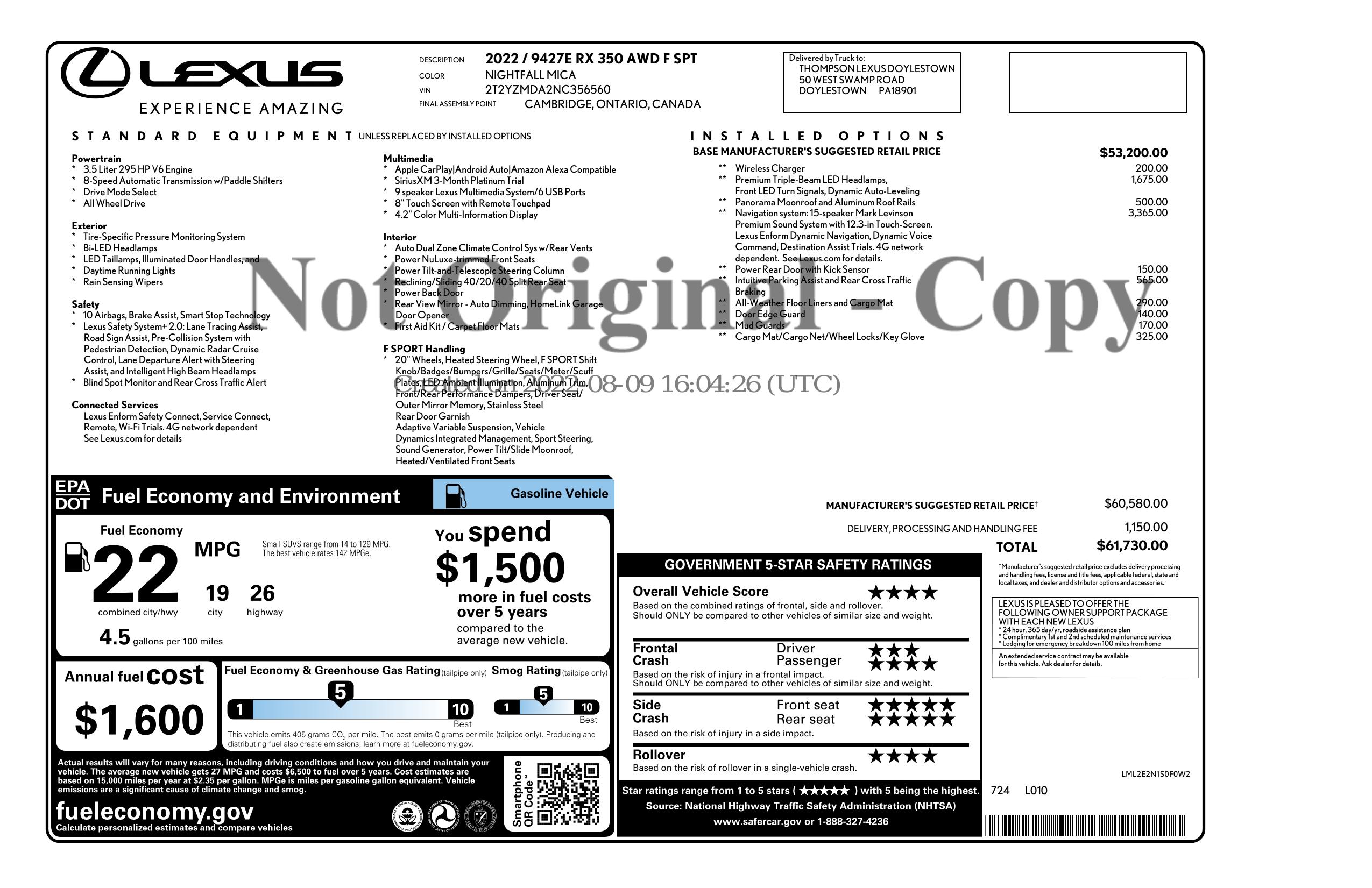 Window Sticker for 2022 Lexus Rx Rx 350 F Sport Handling Awd