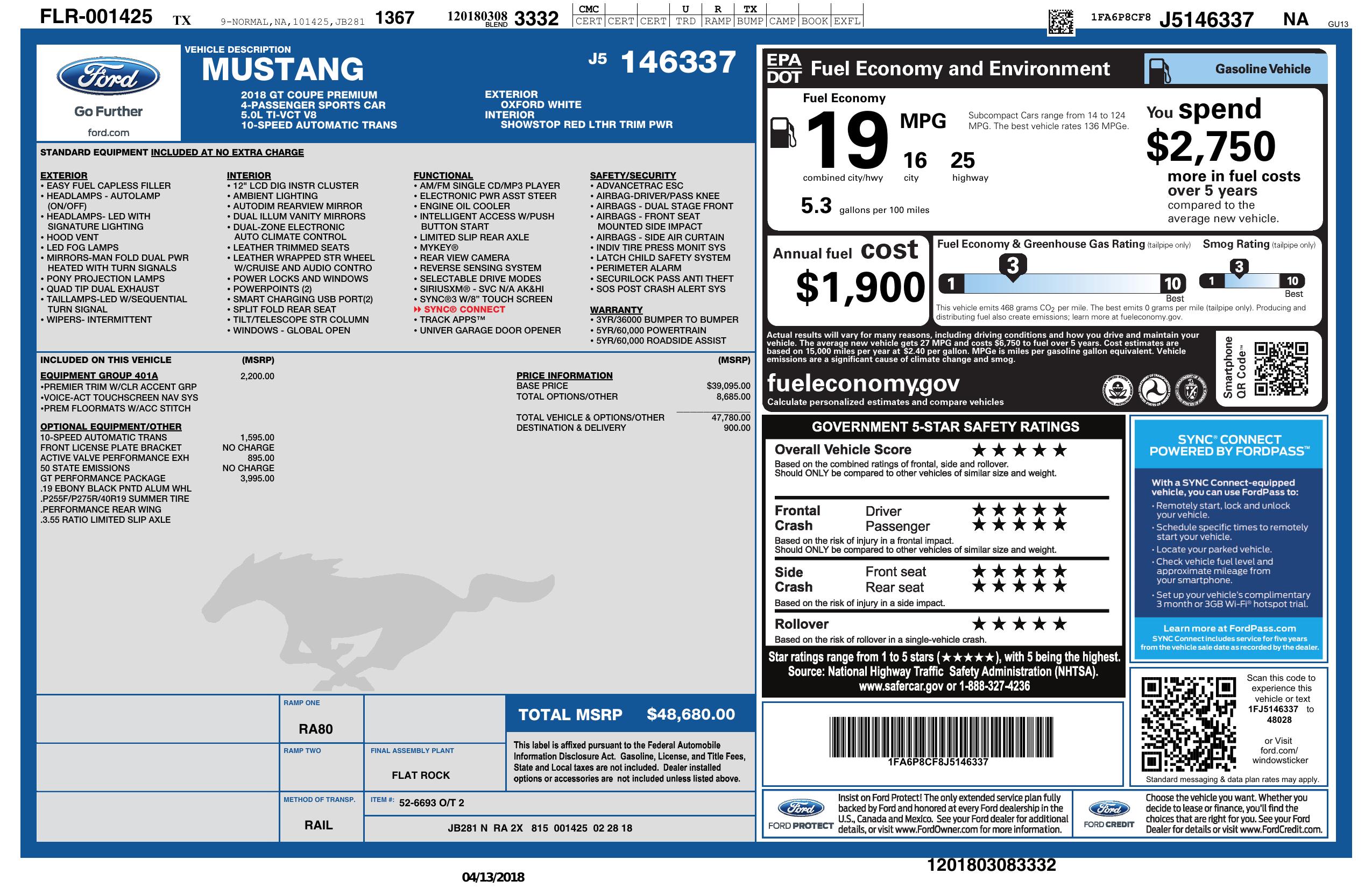 Window Sticker for 2018 Ford Mustang Gt Fastback