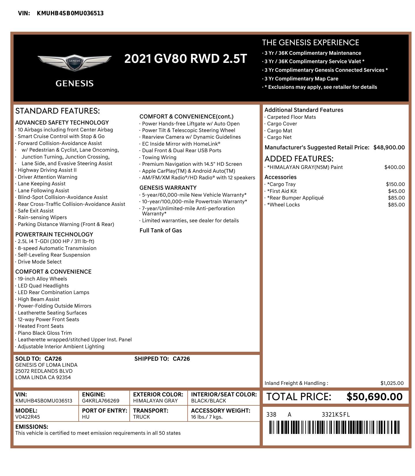 Window Sticker for 2021 Genesis Gv80 2.5 T Rwd