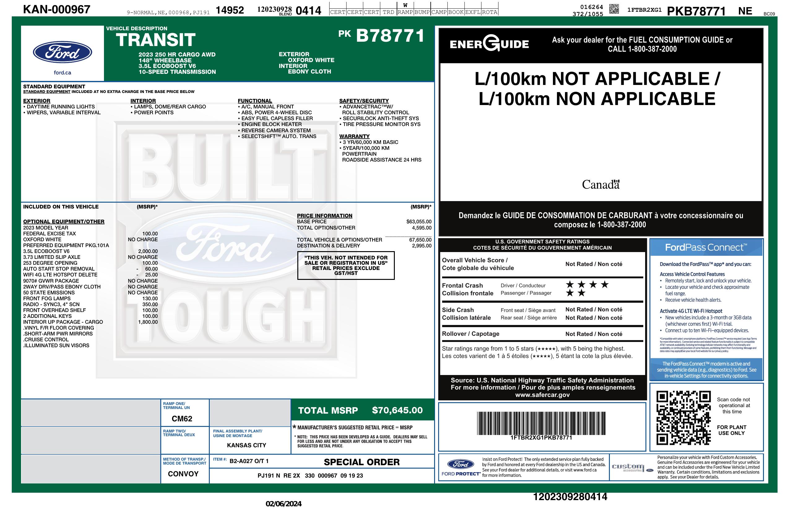 Window Sticker for 2023 Ford Transit Cargo Van T 250 148" Hi Rf 9070 ...