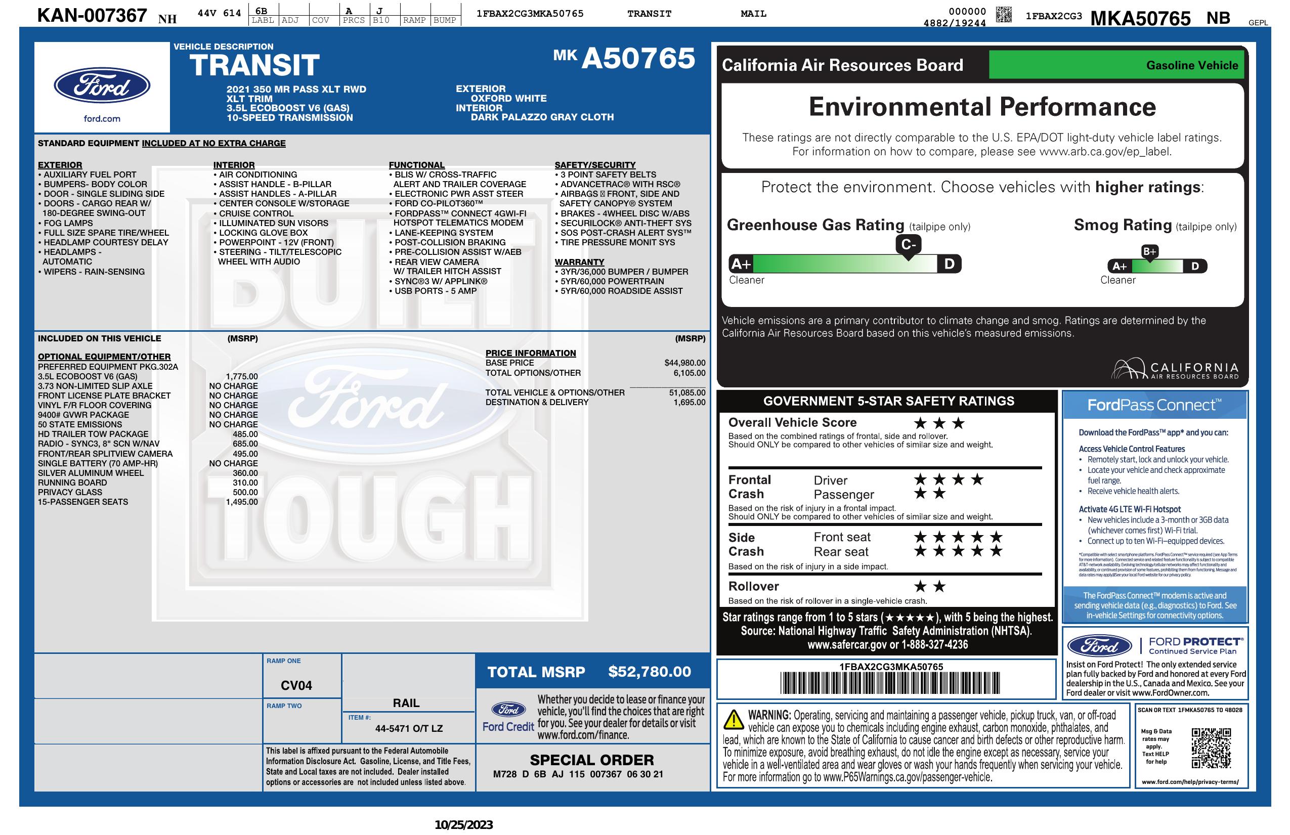 Window Sticker for 2021 Ford Transit Passenger Wagon T 350 148" Med ...